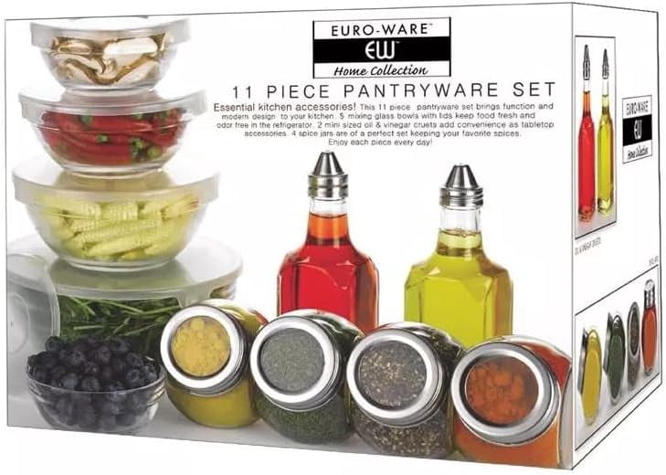 11-Piece Glass Pantryware Set – Mixing Bowls with Lids, Oil and Vinegar ...