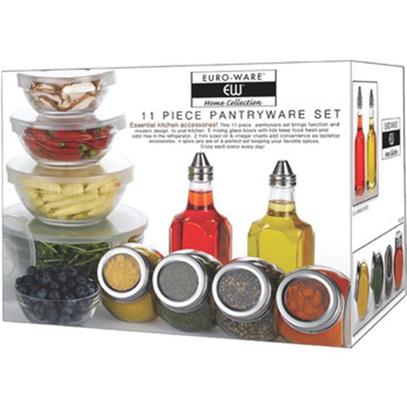 11-Piece Glass Pantryware Set – Mixing Bowls with Lids, Oil and Vinegar ...