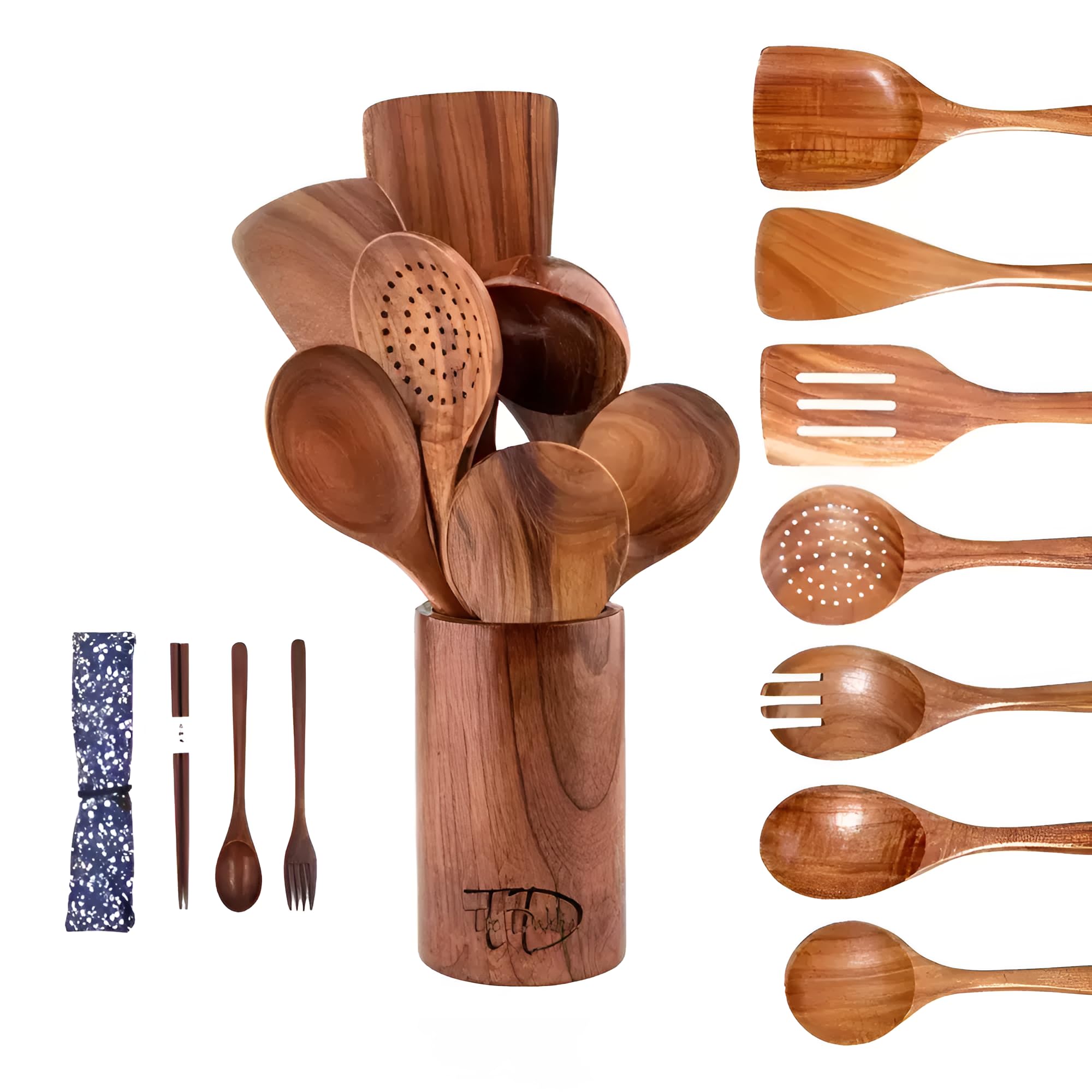 11 Piece Natural Teak Wooden Kitchen Utensil Set with free chopsticks ...