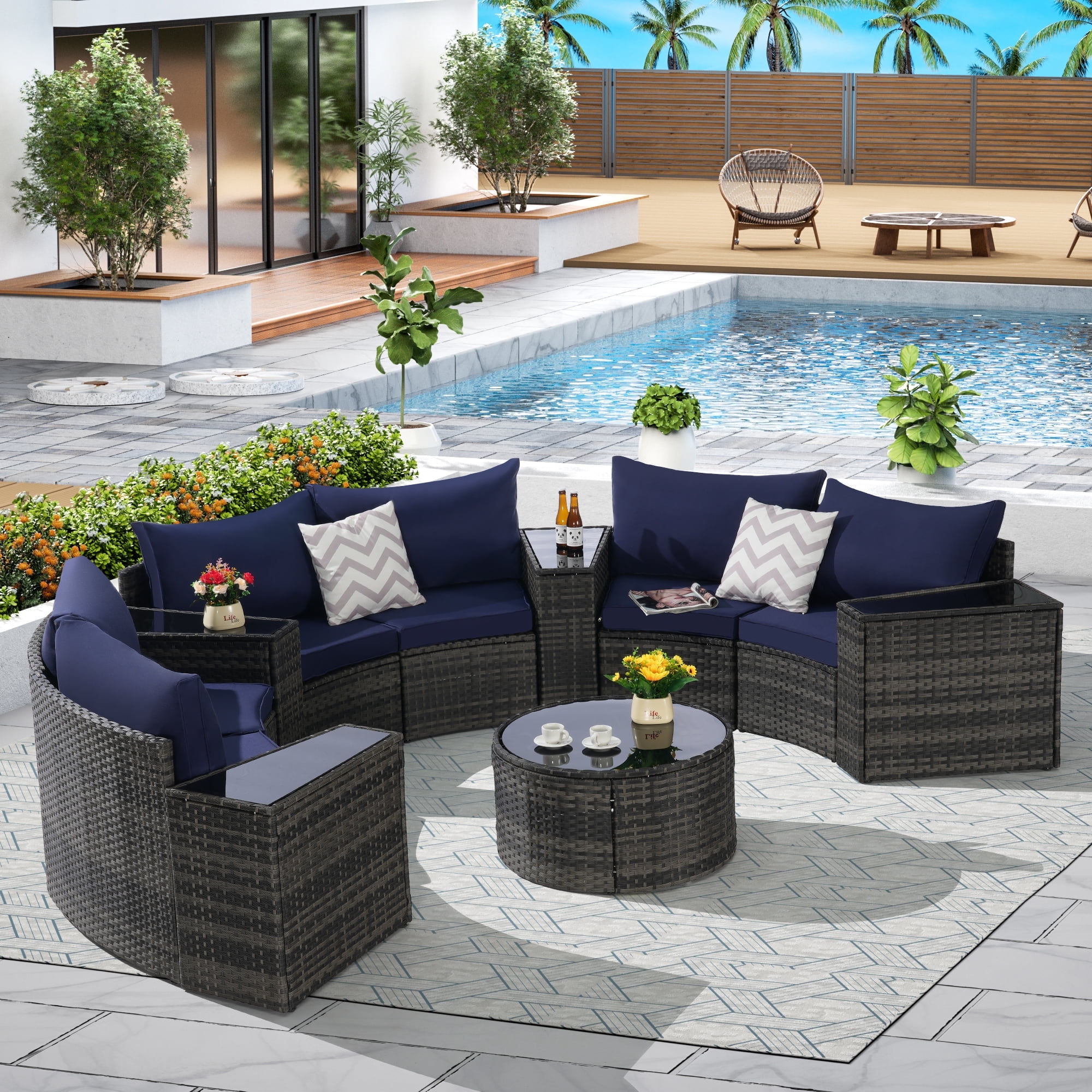 11-Piece Outdoor Patio Furniture Half-Moon Sectional Round Patio ...