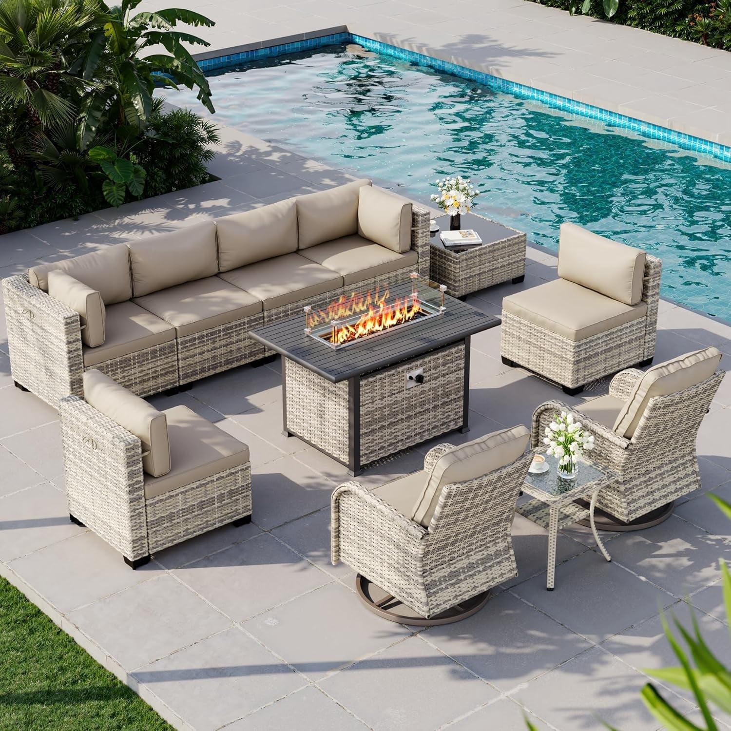 11-Piece Outdoor Patio Furniture Set with Rocking Swivel Chair, Wicker ...