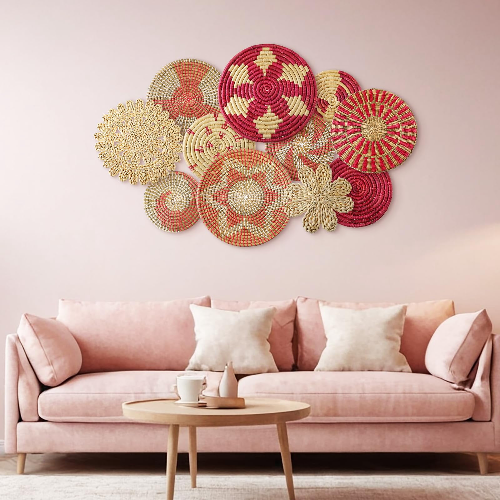 11-Piece Pink Bulrush Woven Round Hanging Wall Sculpture Farmhouse ...