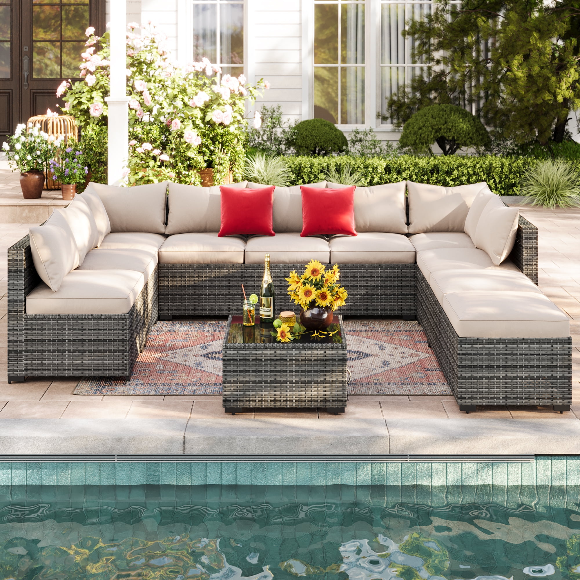 11 Piece Rattan Sectional Sofa Set, Outdoor Conversation Set, All ...