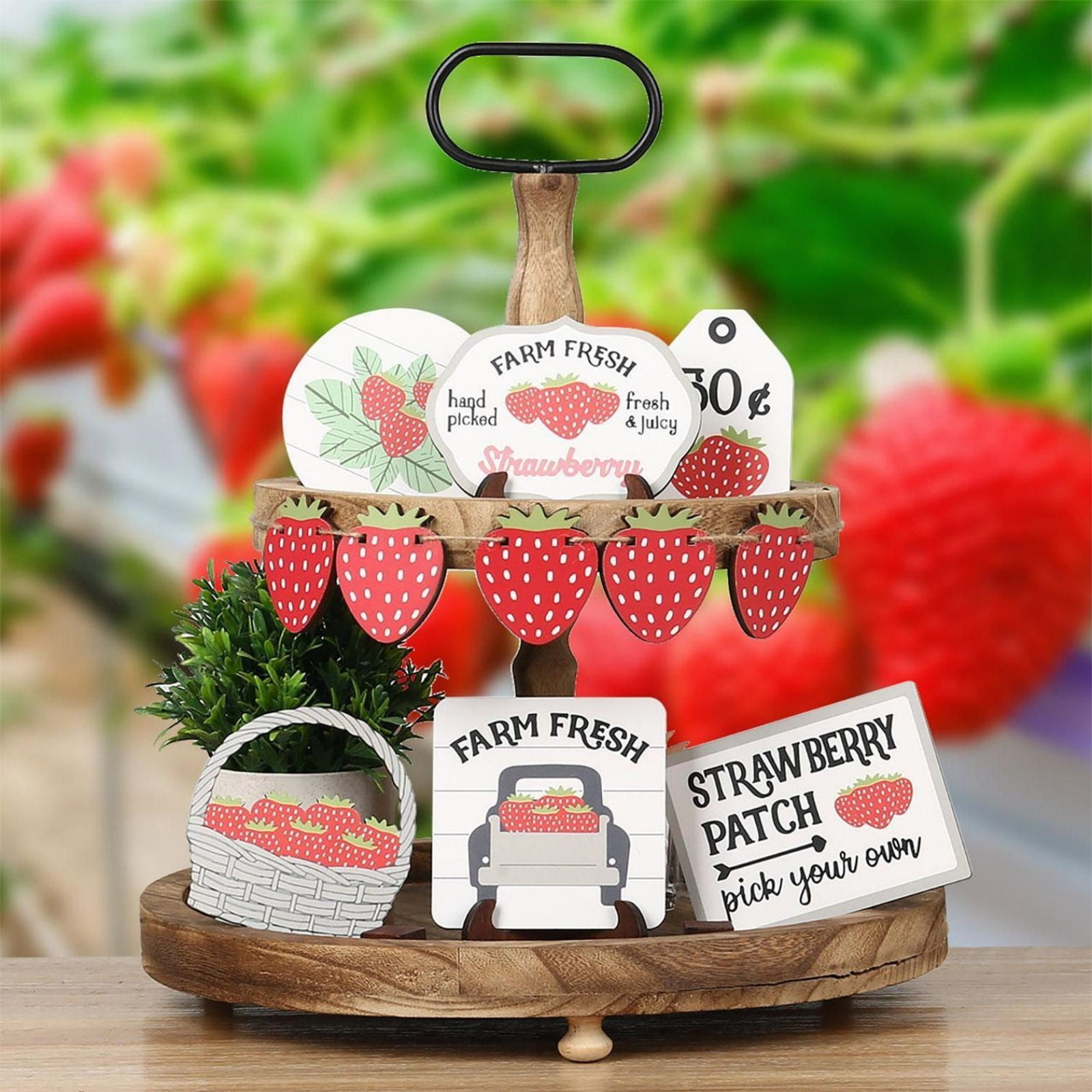 11-Piece Summer Strawberry Tiered Tray Decor Kit - Farmhouse Wood Signs ...
