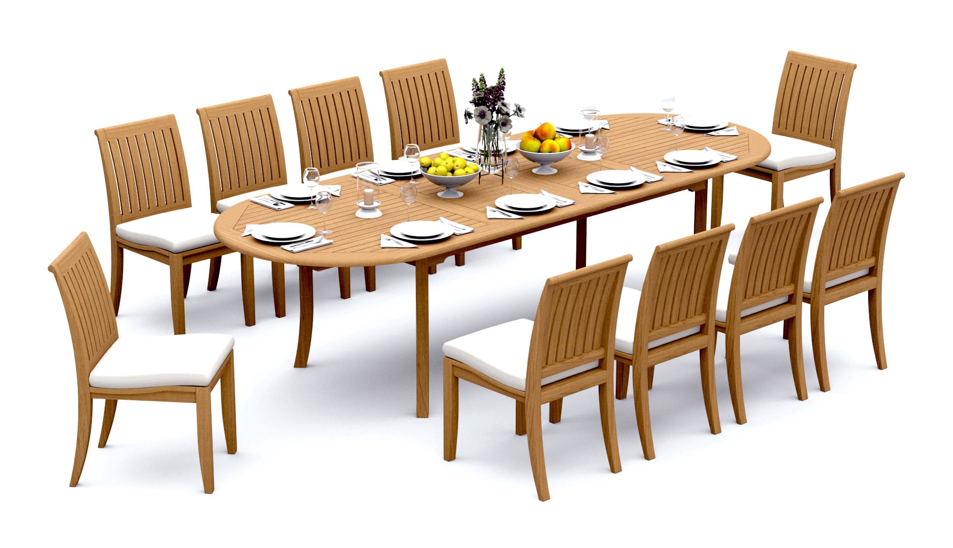 11-Piece Teak Dining Set: 117" Oval Extendable Table + 10 Lagos Armless ...