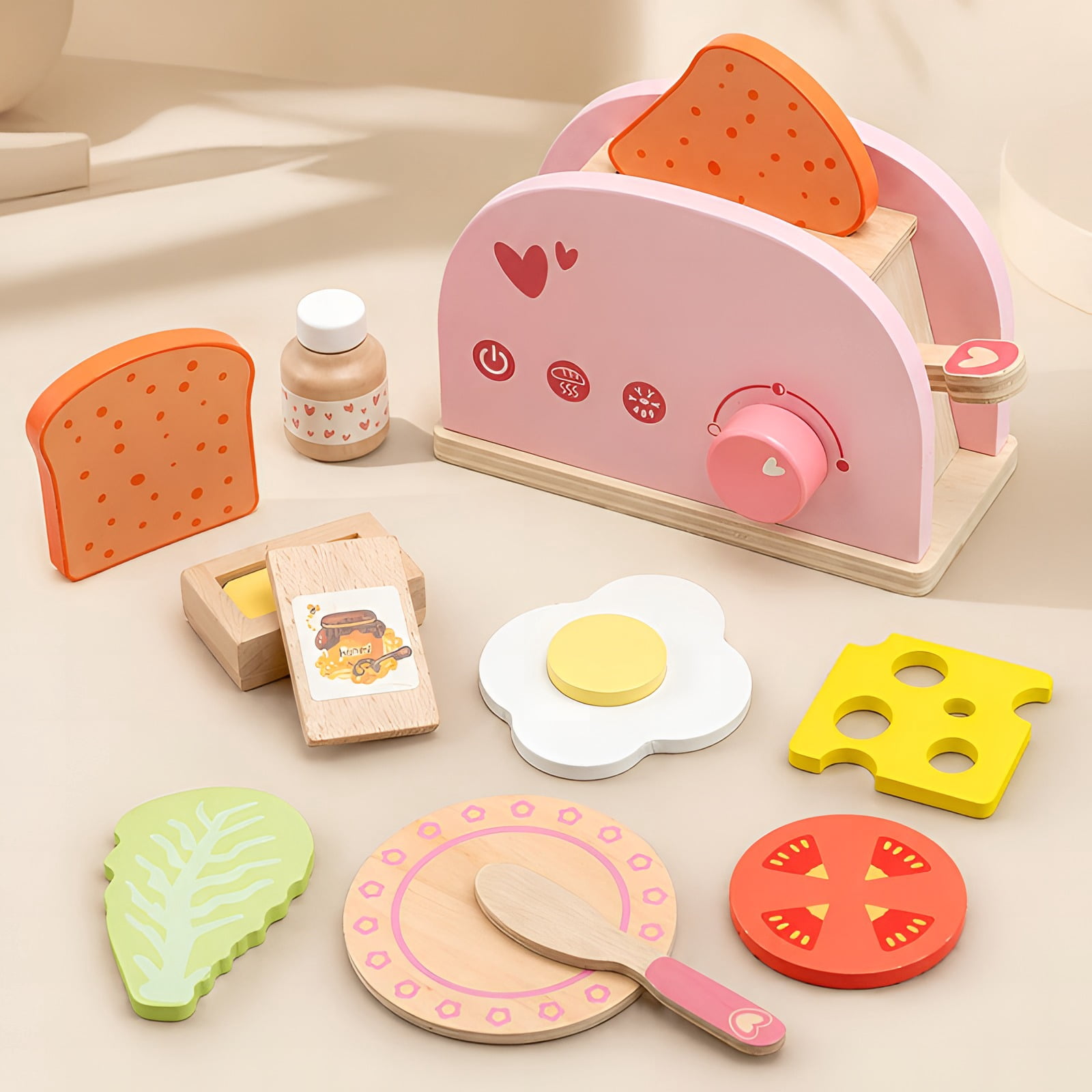 11-Piece Wooden Bread Maker Play Food Set, Pretend Kitchen Toy for Kids ...