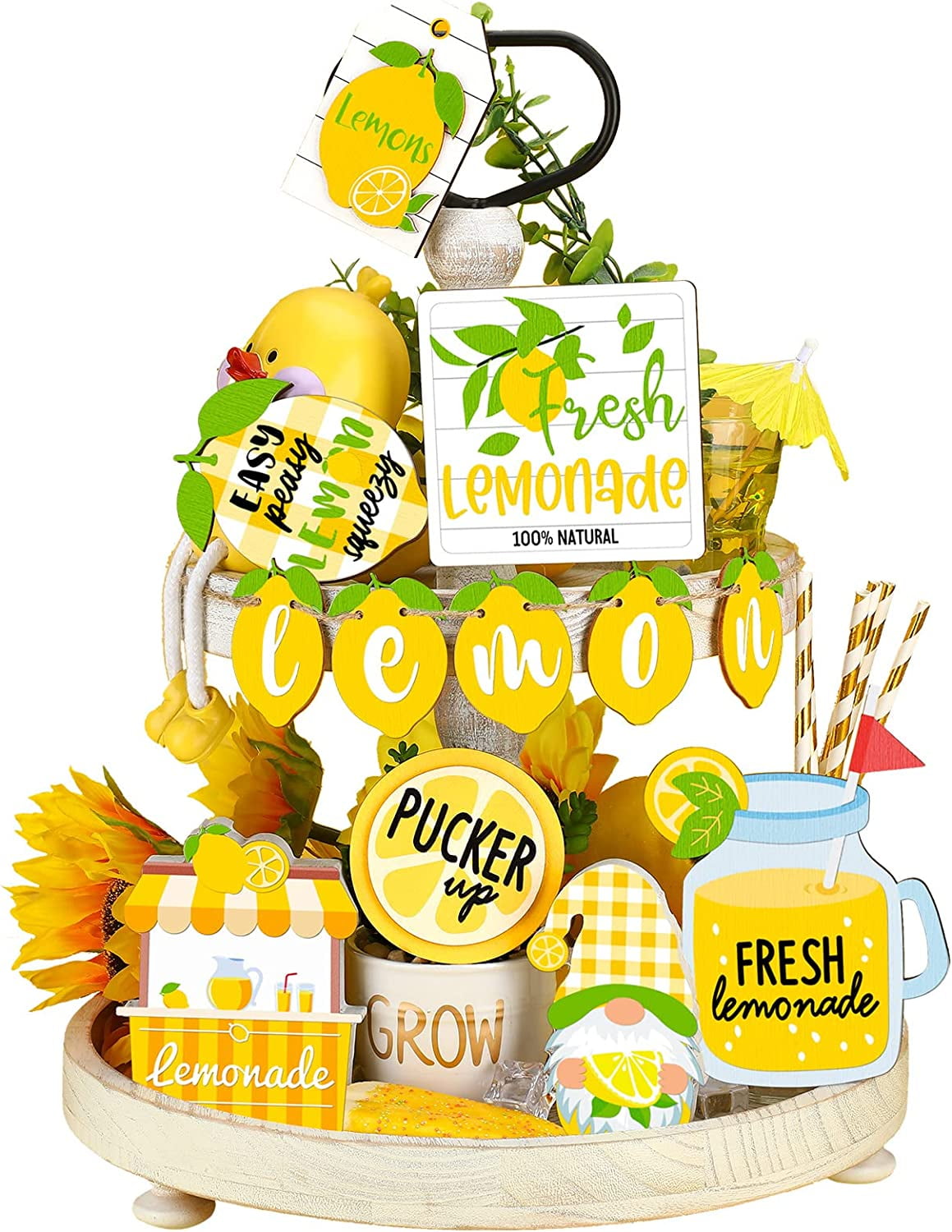 11 Pieces Lemon Tiered Tray Decor Set Gnome Fresh Lemonade Wooden Sign ...