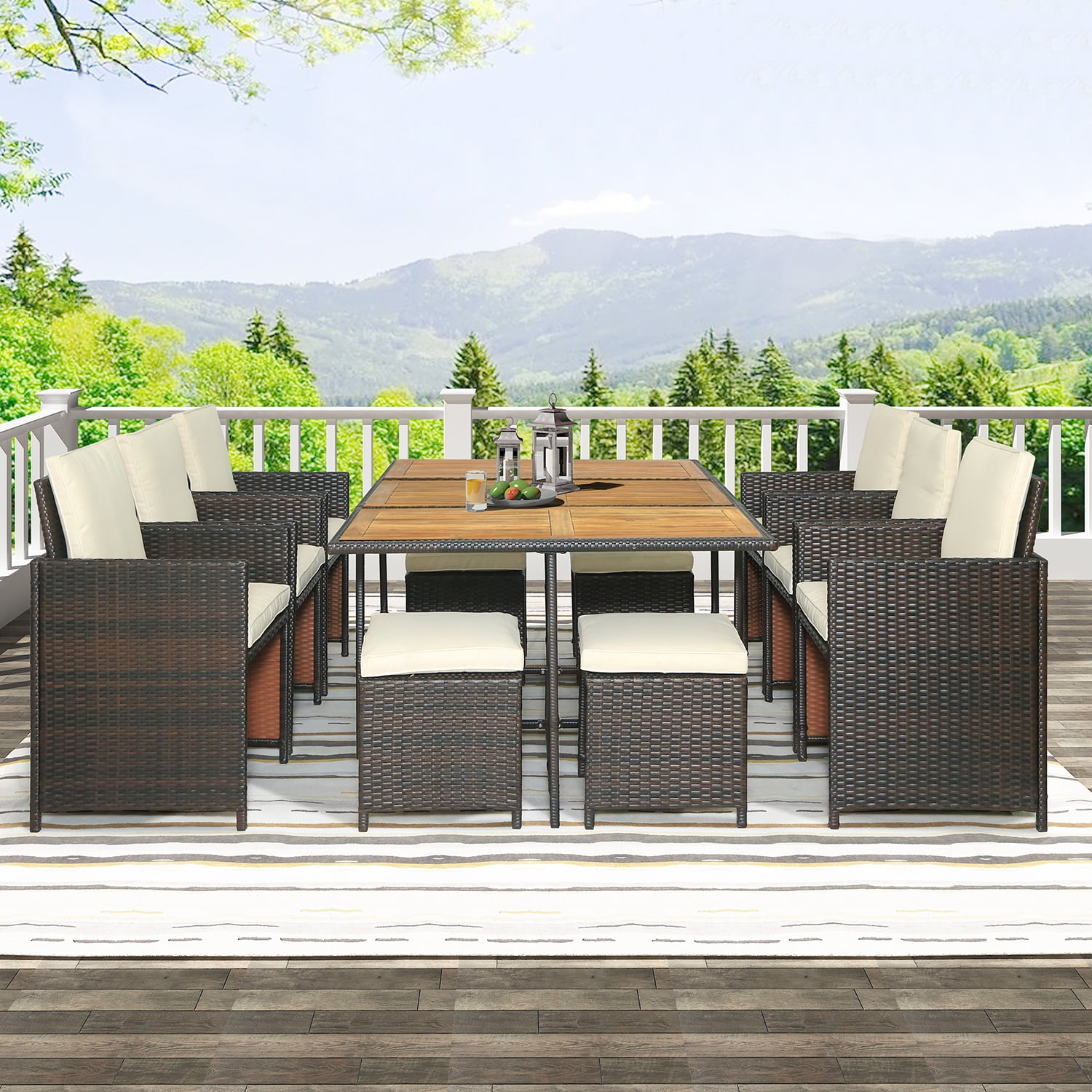 11 Pieces Patio Dining Set for 10, Outdoor Space Saving PE Wicker ...