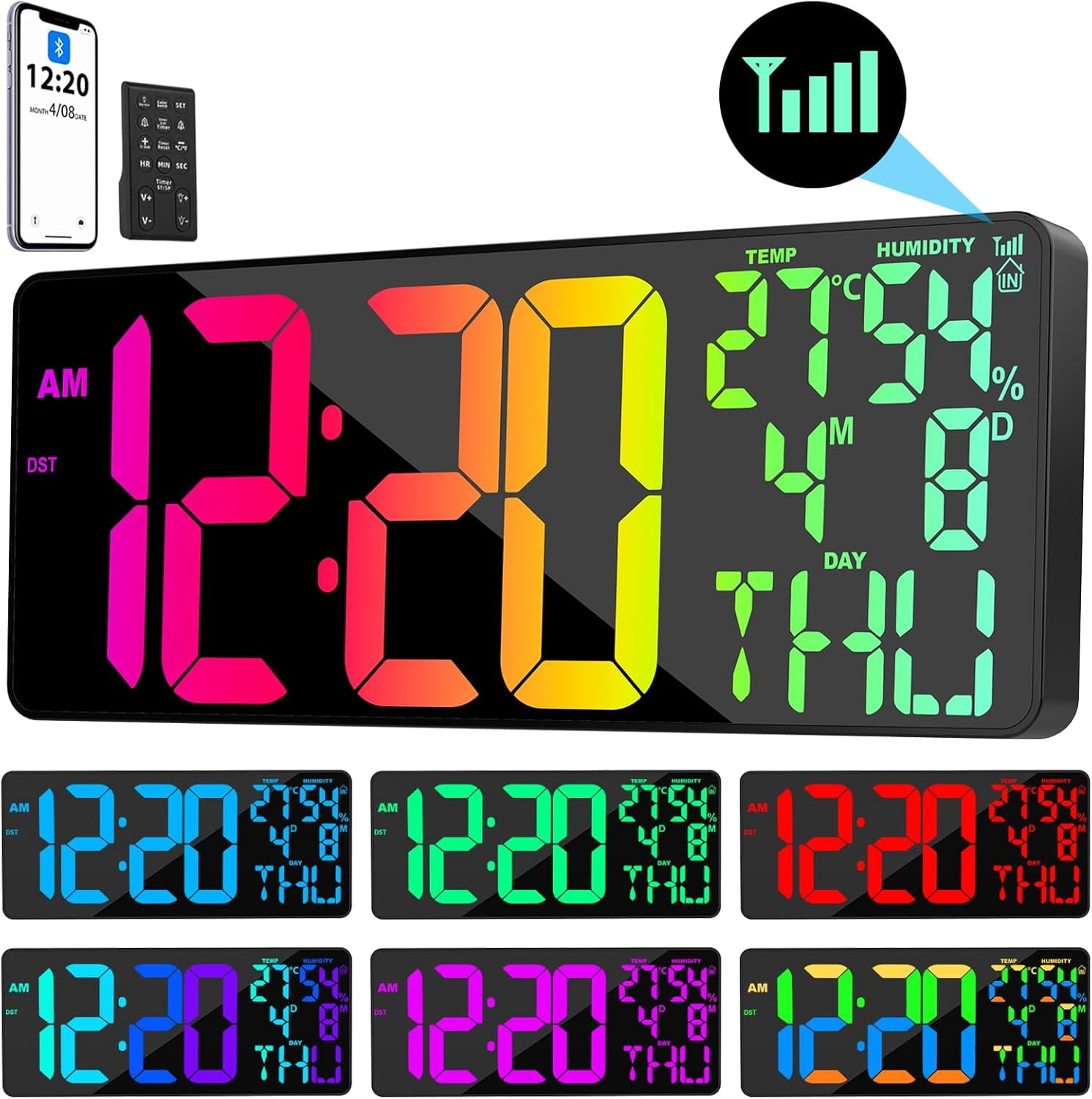 11 RGB Color Changes Large Digital Wall Clock/Bluetooth Auto Time Sync ...