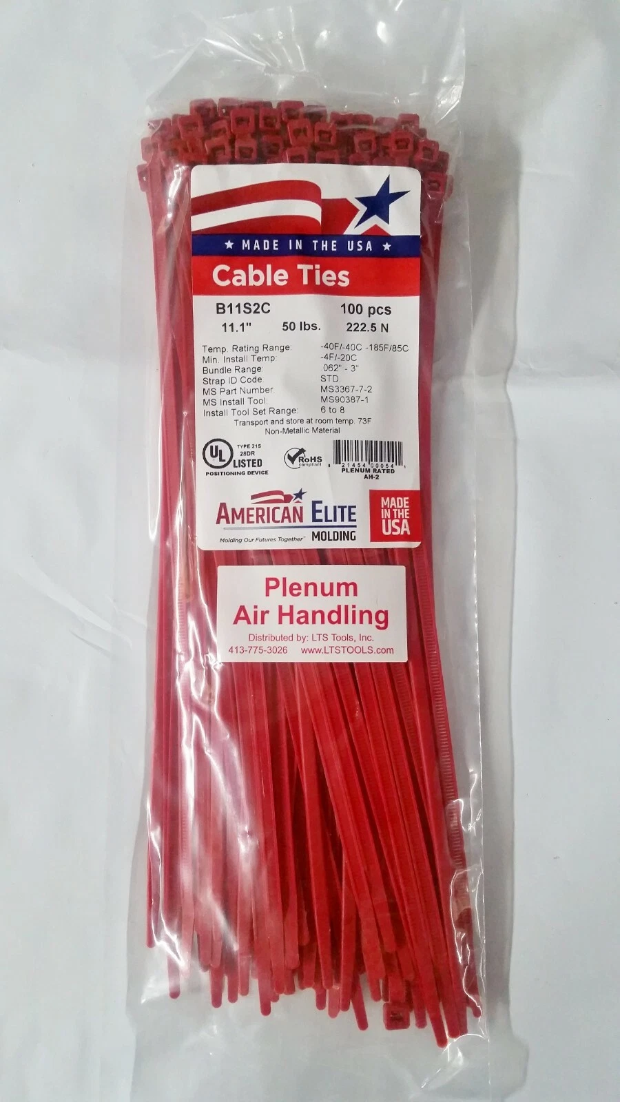 11" Red Nylon Cable Zip Ties 50Lb. Plenum Rated Air Handling, Usa Made ...