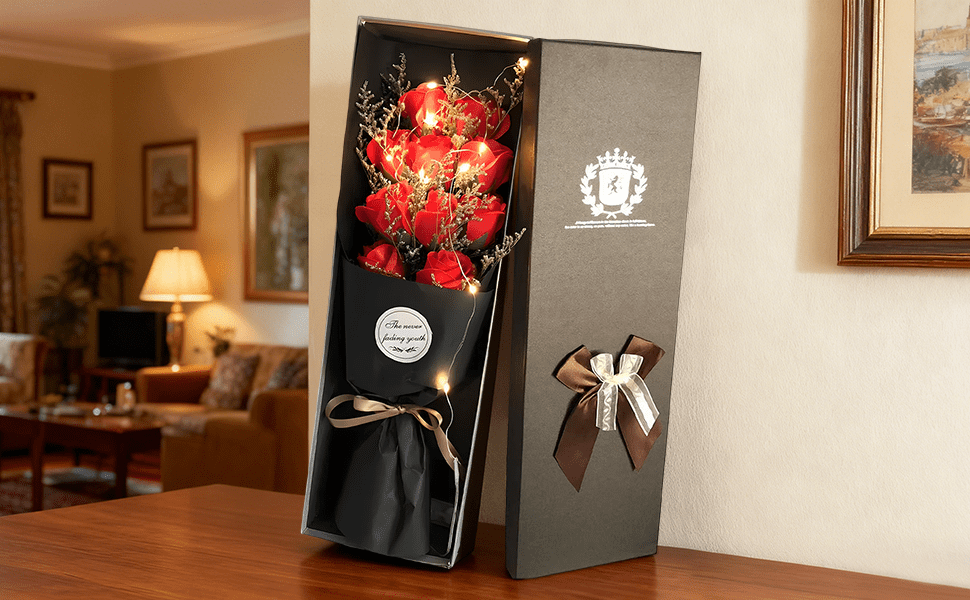 11 Red Roses Soap Flower Present Box, with LED Lights, Romantic ...