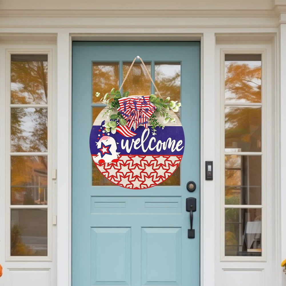 11" Round Wood Welcome Sign for Front Door Americana Independence Day ...