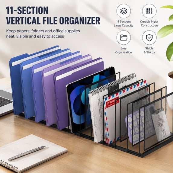 11-Section Vertical File Organizer for Desk, Metal Paper Holder ...