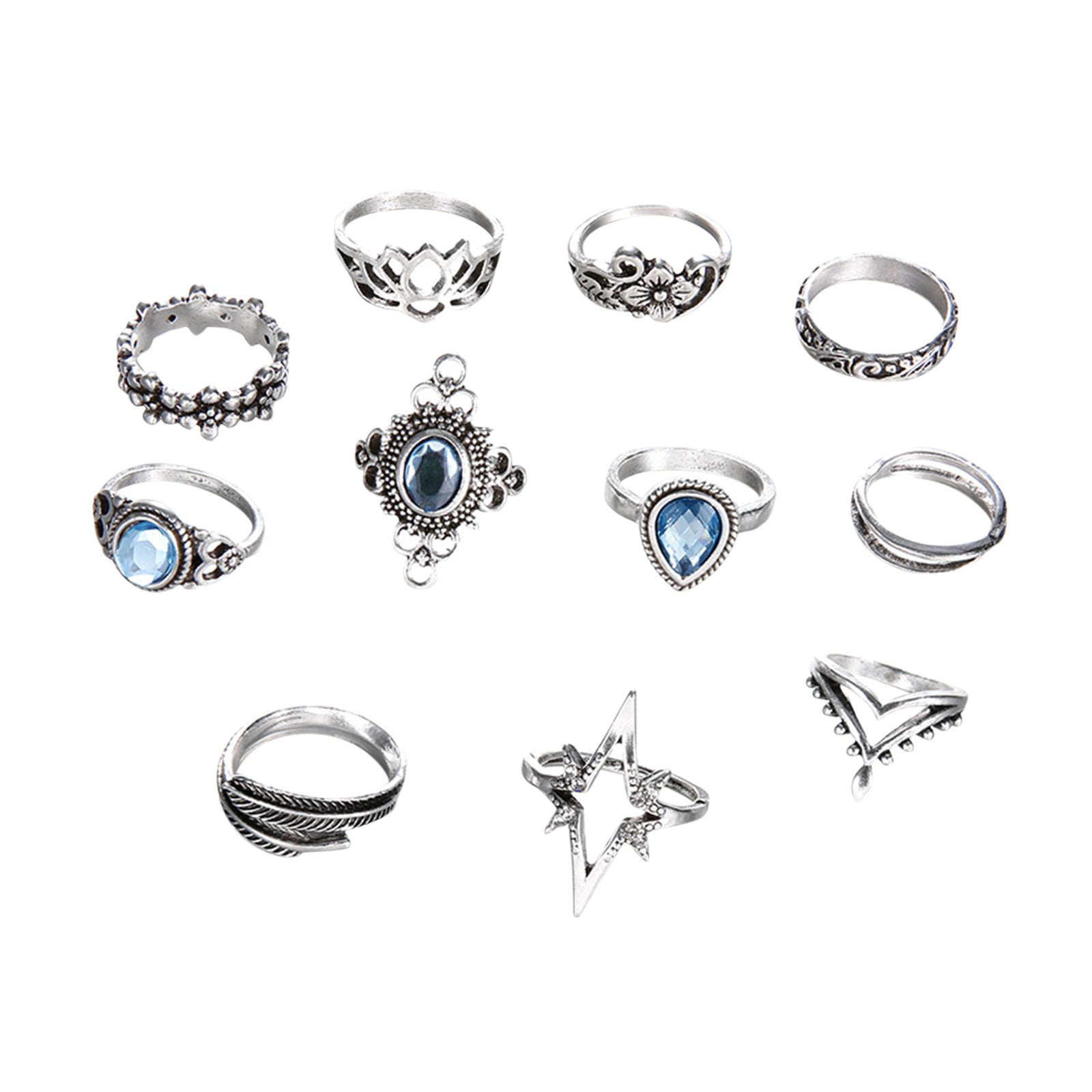 11 Set Silver Vintage Ancient Star Geometric Shape Hollow Ring Set For ...
