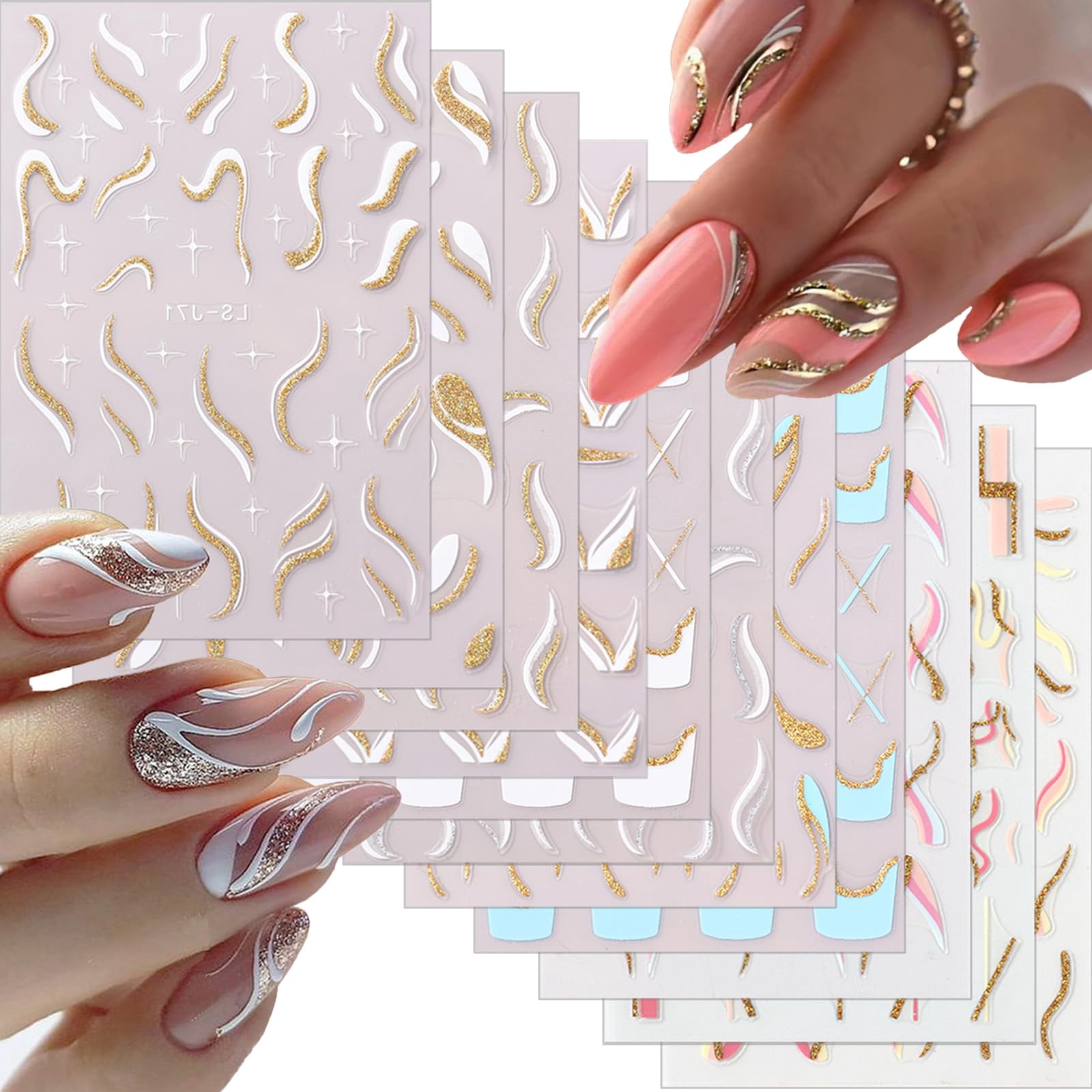 11 Sheets French Shining Line Nail Art Stickers Decals Gold Metal Curve ...