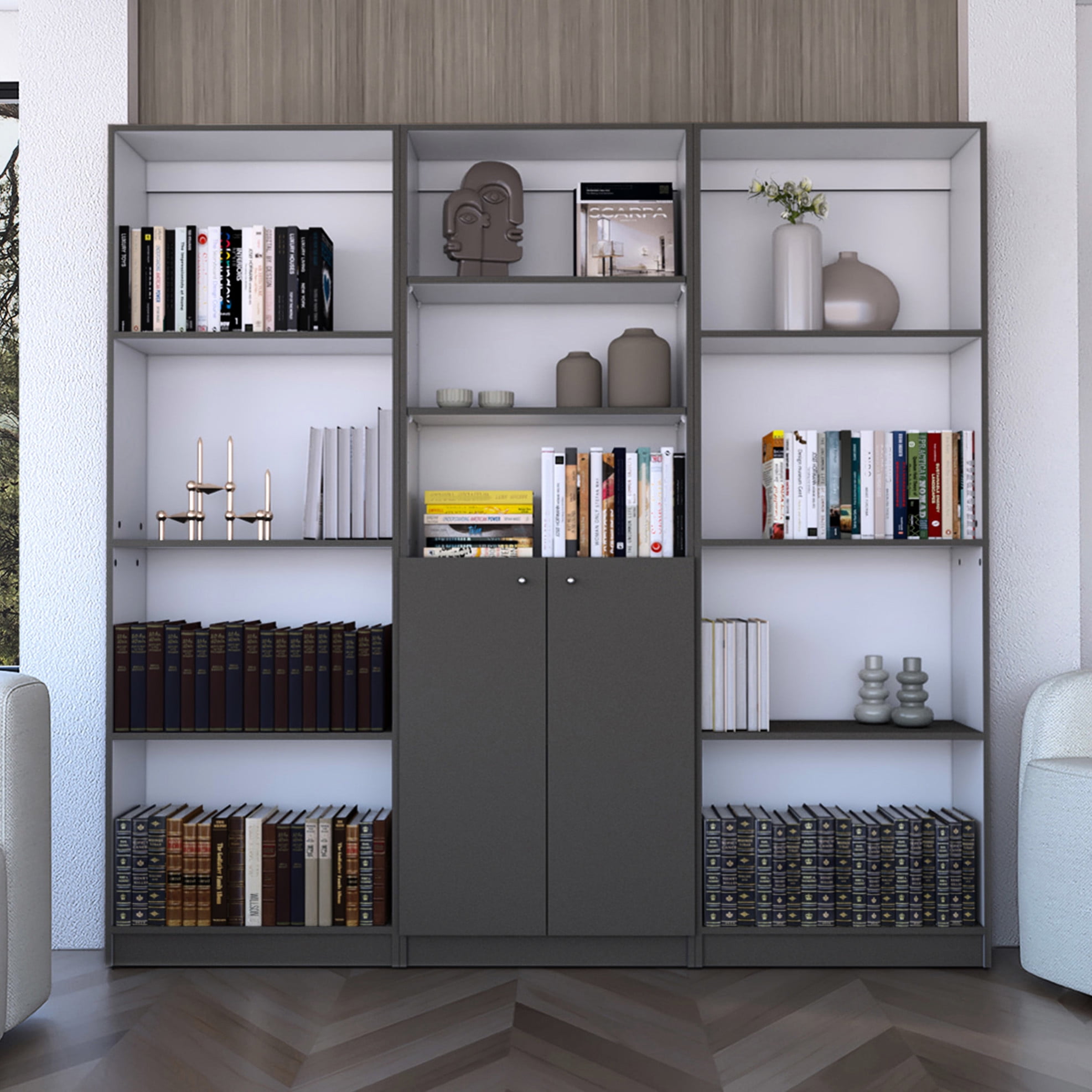 11 Shelves And 2-door Cabinet Home Bookcase , 74" Wide, Matt Gray/white ...