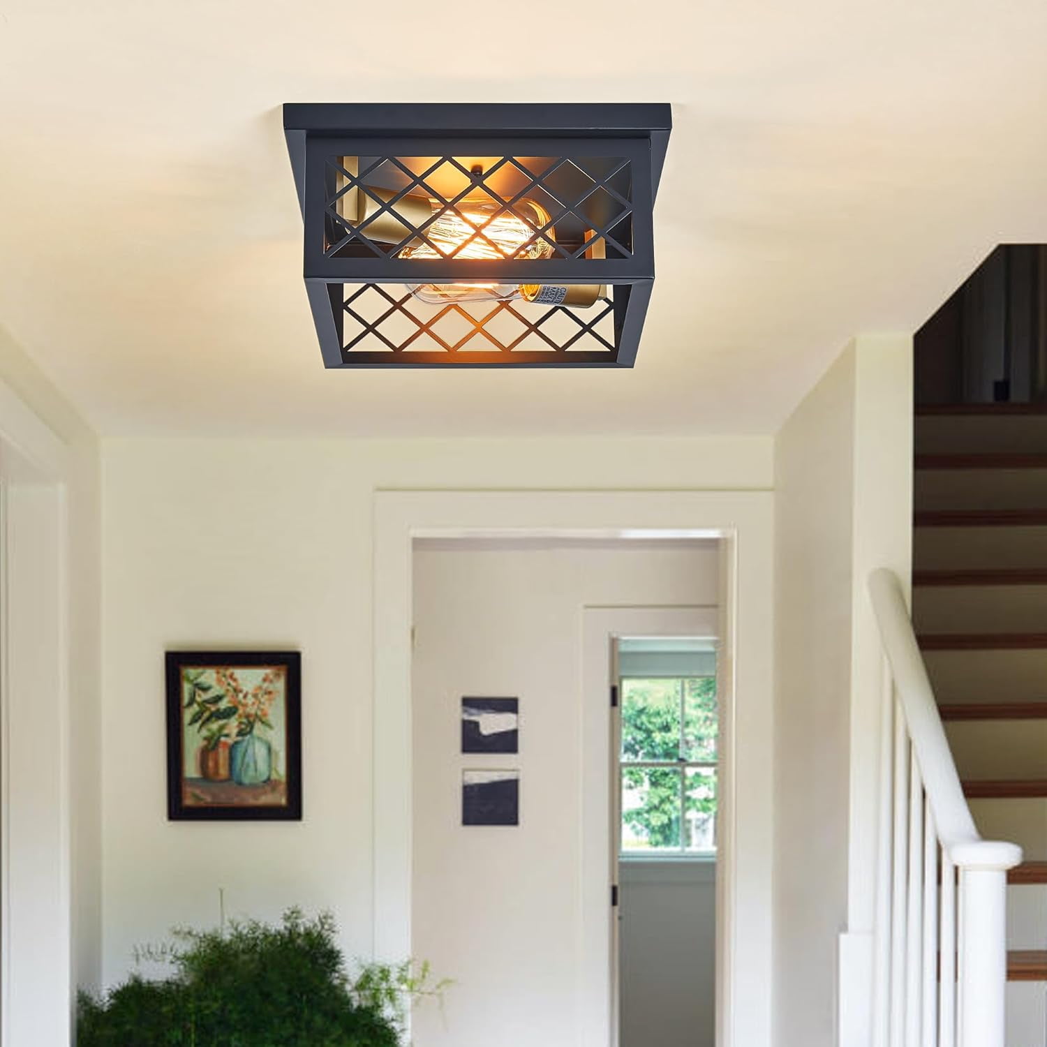 11" Square Metal Flush Mount Ceiling Light 2-Light E26 Grids Industrial ...