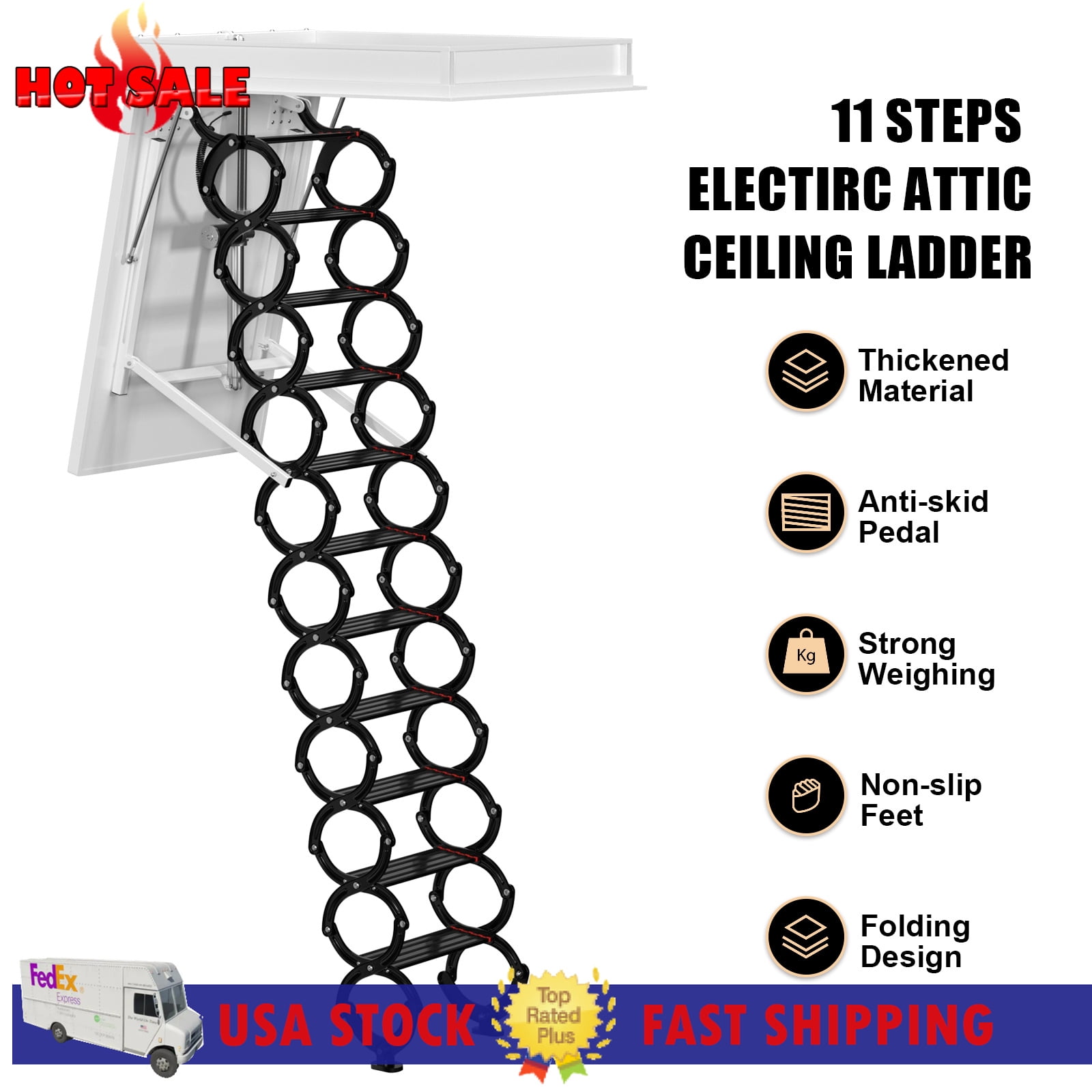 11 Steps Electirc Attic Ceiling Ladder 31.5*43.31" Black Alloy steel ...