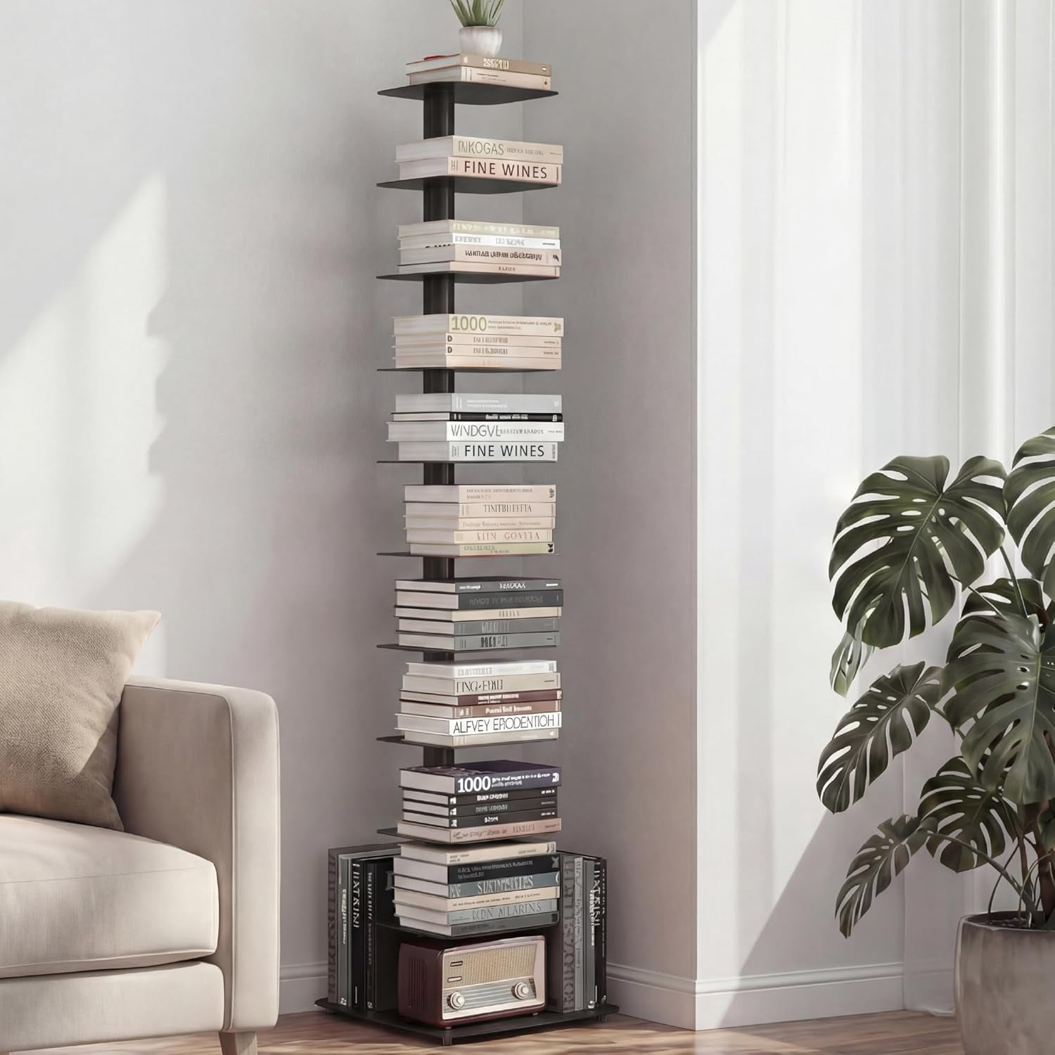11-Tier Spine Bookshelf Tower, Tall Vertical Metal Book Organizer for ...