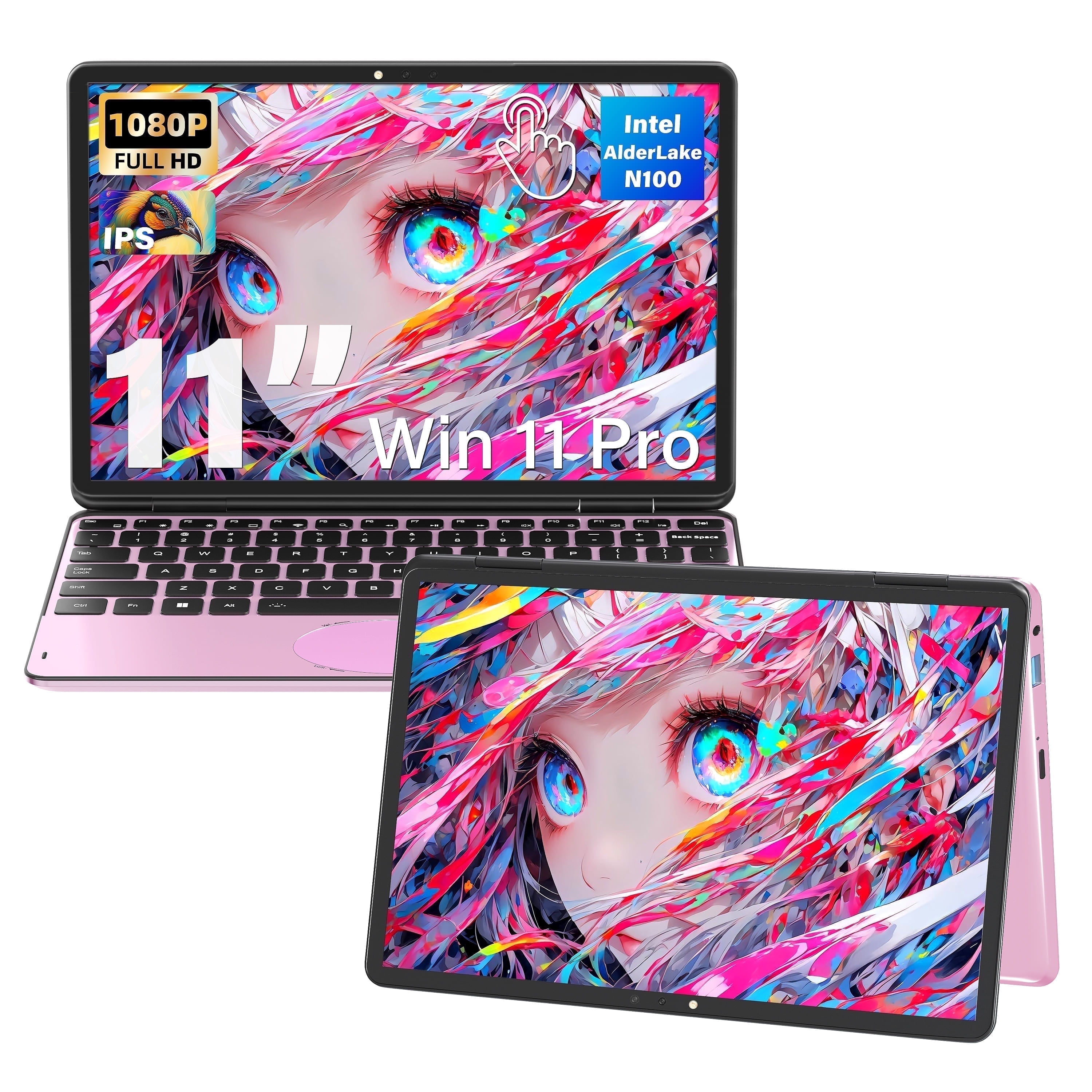 11" Pink 2-in-1 Convertible Touchscreen Laptop, FHD IPS Display, in tel ...