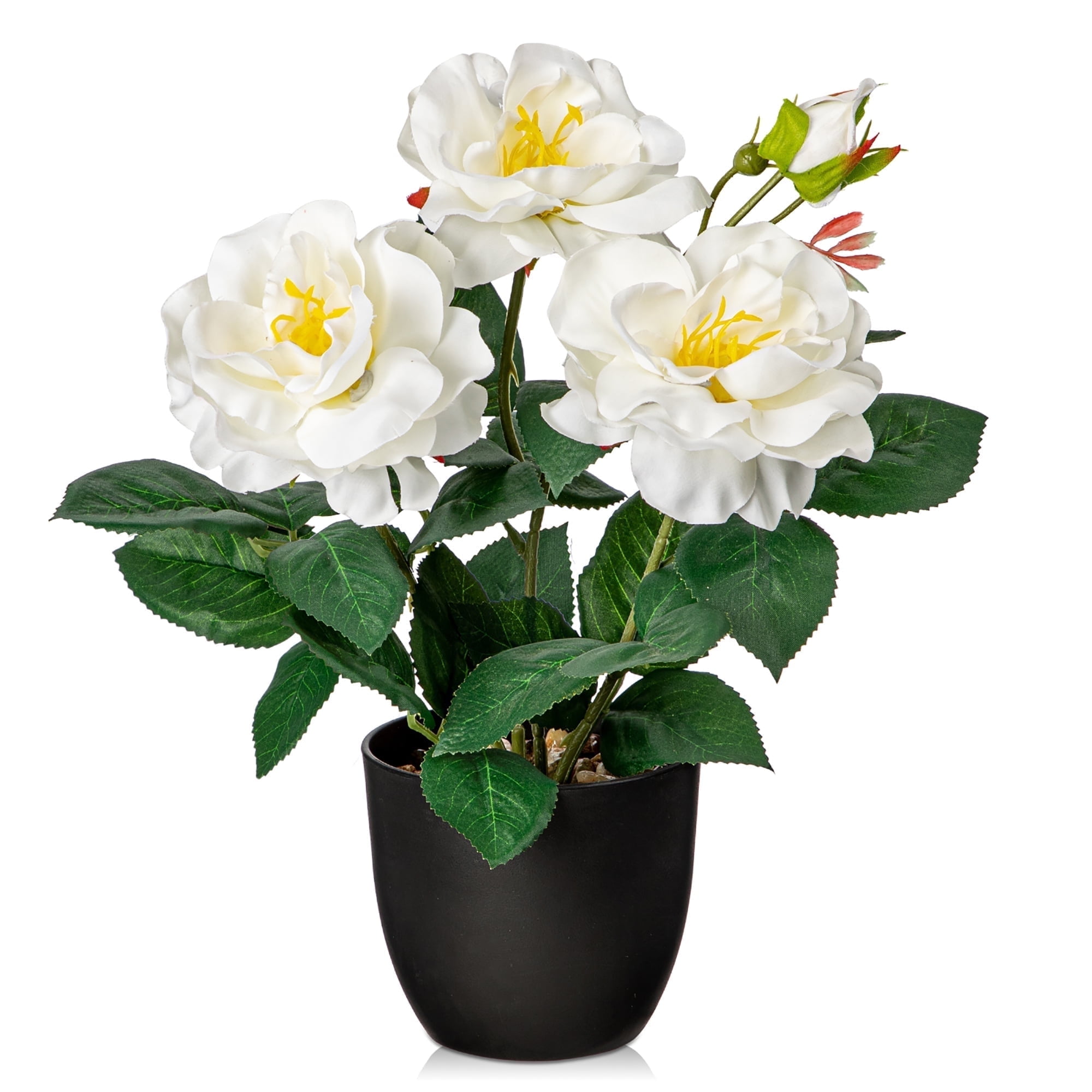 11" White Roses Artificial Flowers Potted Plant Faux Silk Flower with ...