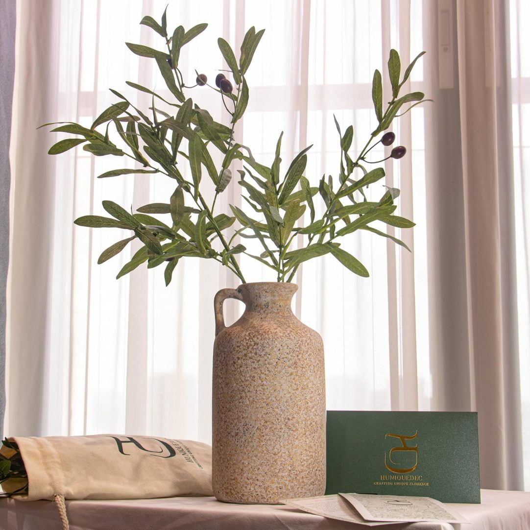 11” White Terracotta Vase Set with 27.5” Faux Olive Branches（10 Stems ...