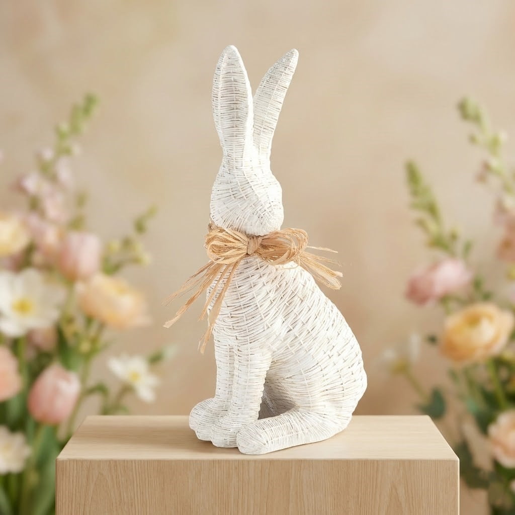11" White Woven Easter Bunny Figurine - Whitewashed Rattan Wicker ...