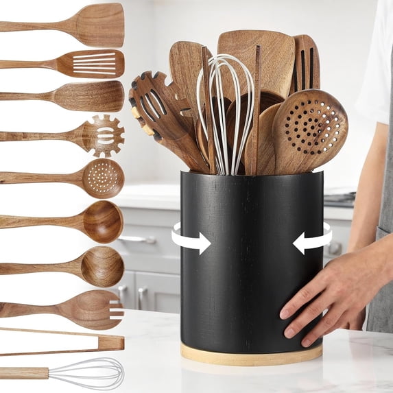 11 count Wooden Kitchen Utensils Set with 360? Rotating Holder Acacia ...