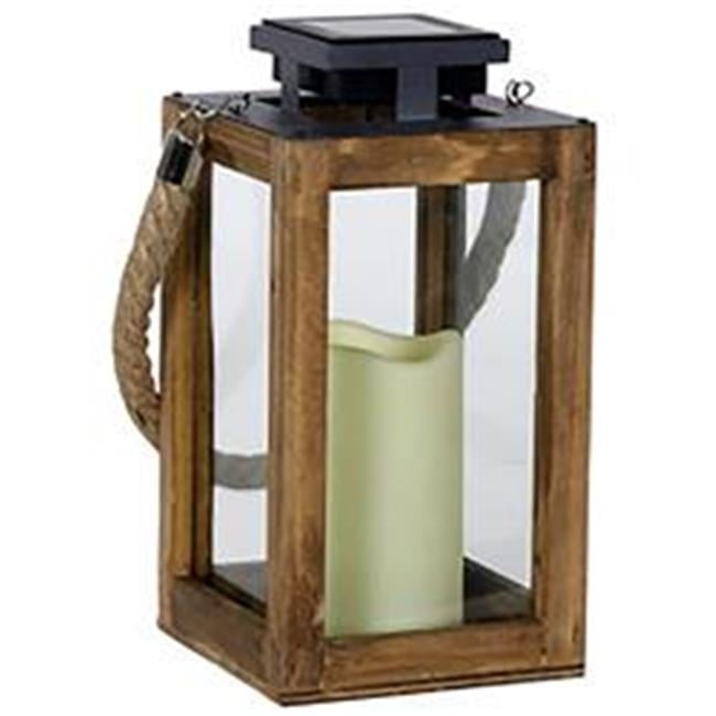 11 in. Solar Power Glass & Wood Solar Lantern with Candle, Black ...