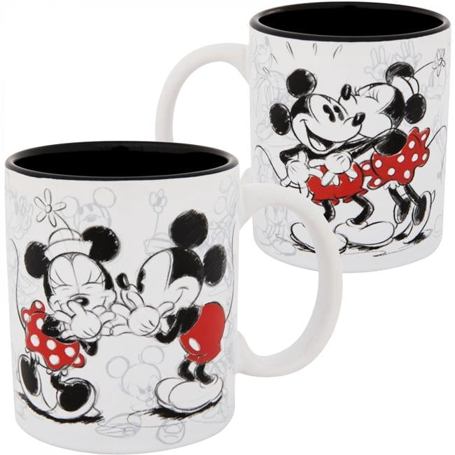 11 oz Mickey & Minnie Mouse Kissy Sketch Ceramic Mug, White & Black ...
