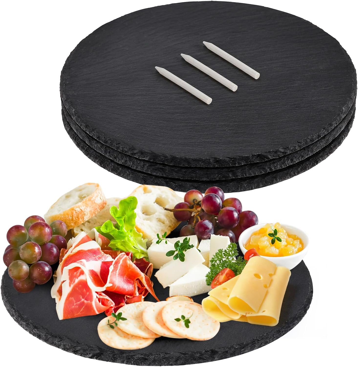 11 x 11 In 4 Pack Slate Cheese Boards, Round Black Stone Plates ...