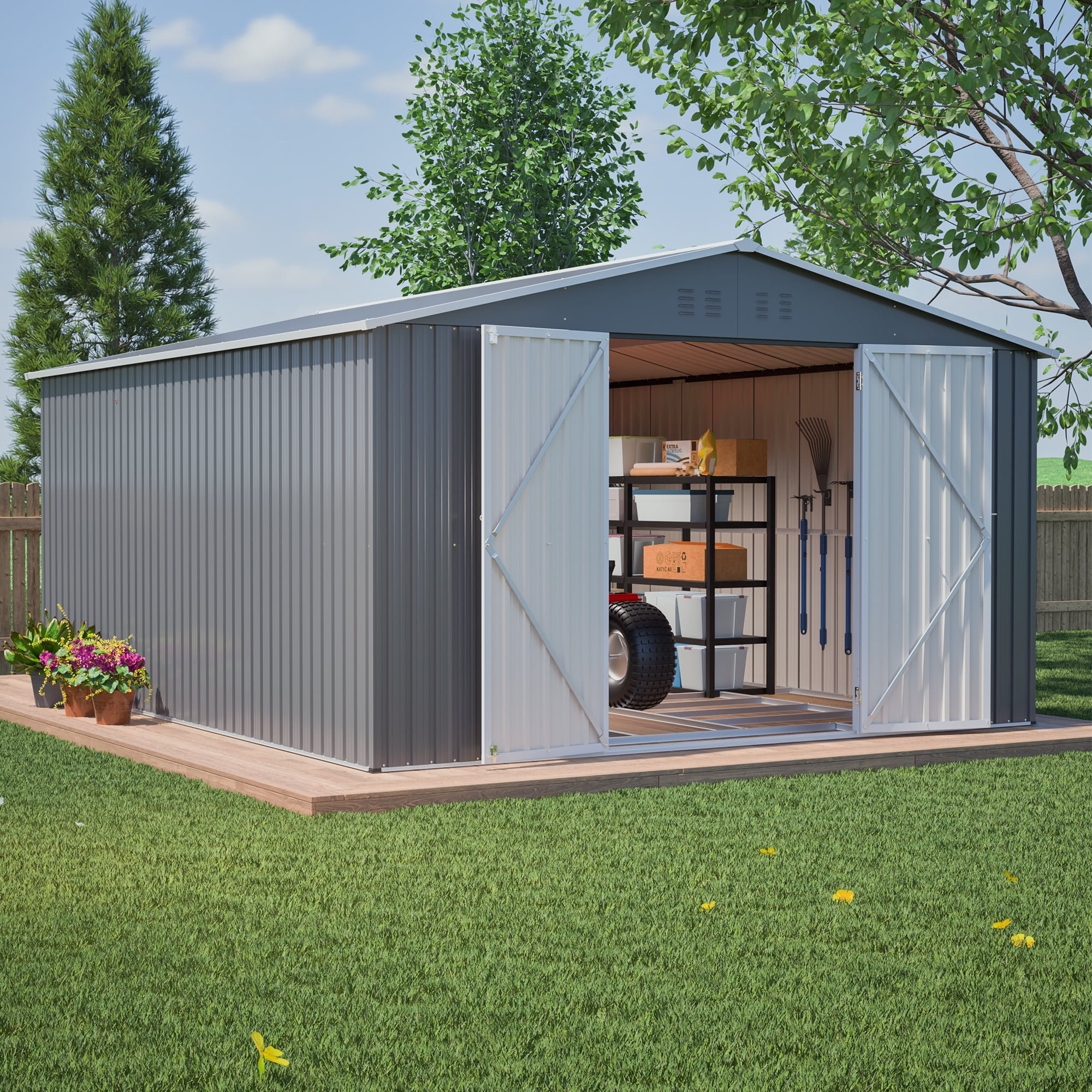 11 x 13 FT Large Metal Storage Shed with Reinforced Floor Frame, 140.5 ...