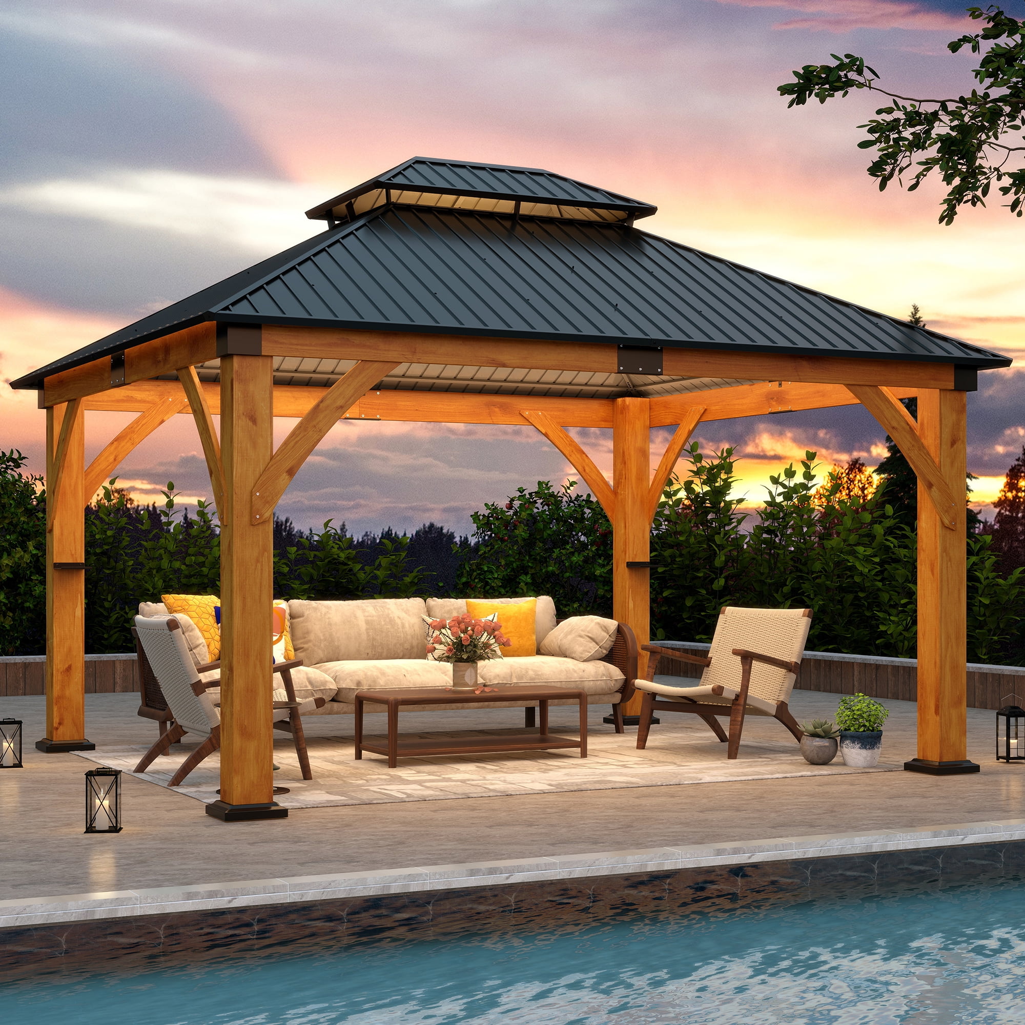 11'x 13' Upgraded Wood Gazebo, Spruce Wood Hardtop Gazebo with Double ...