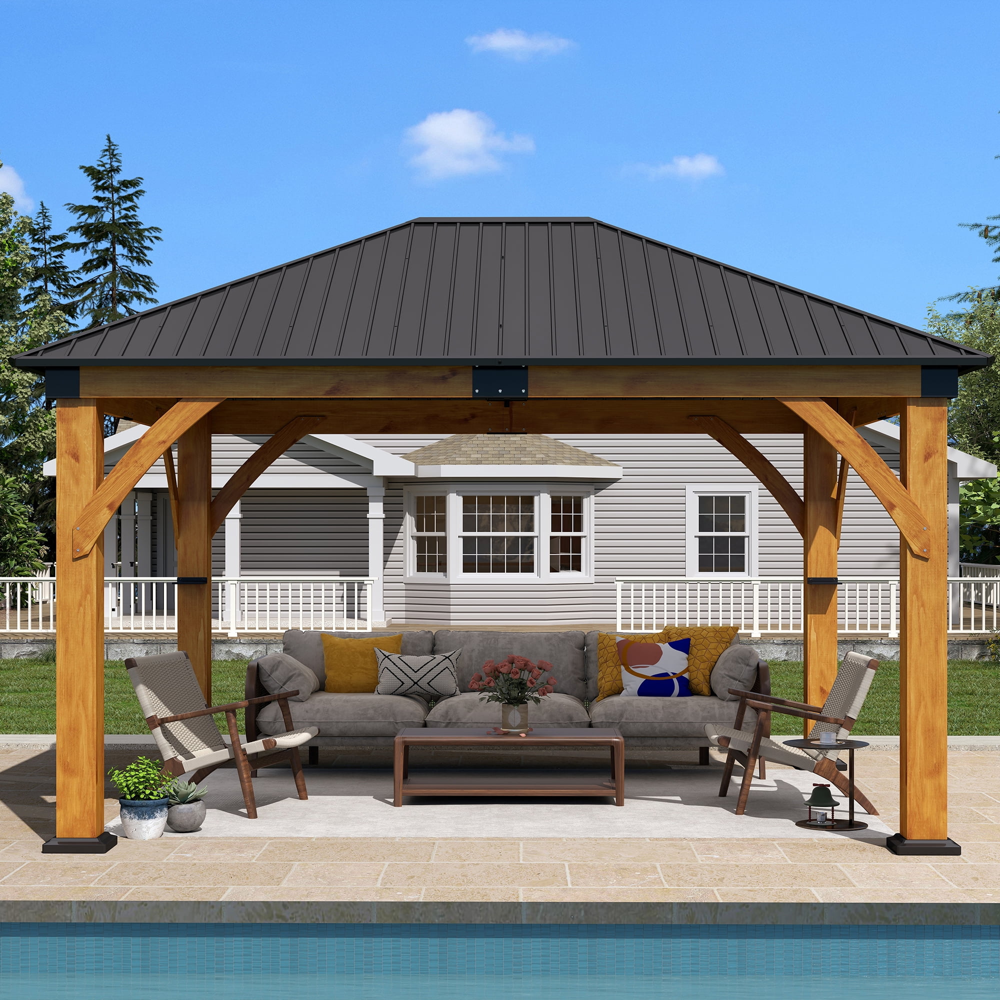 11'x 13' Upgraded Wood Gazebo, Spruce Wooden Gazebo with Galvanized ...