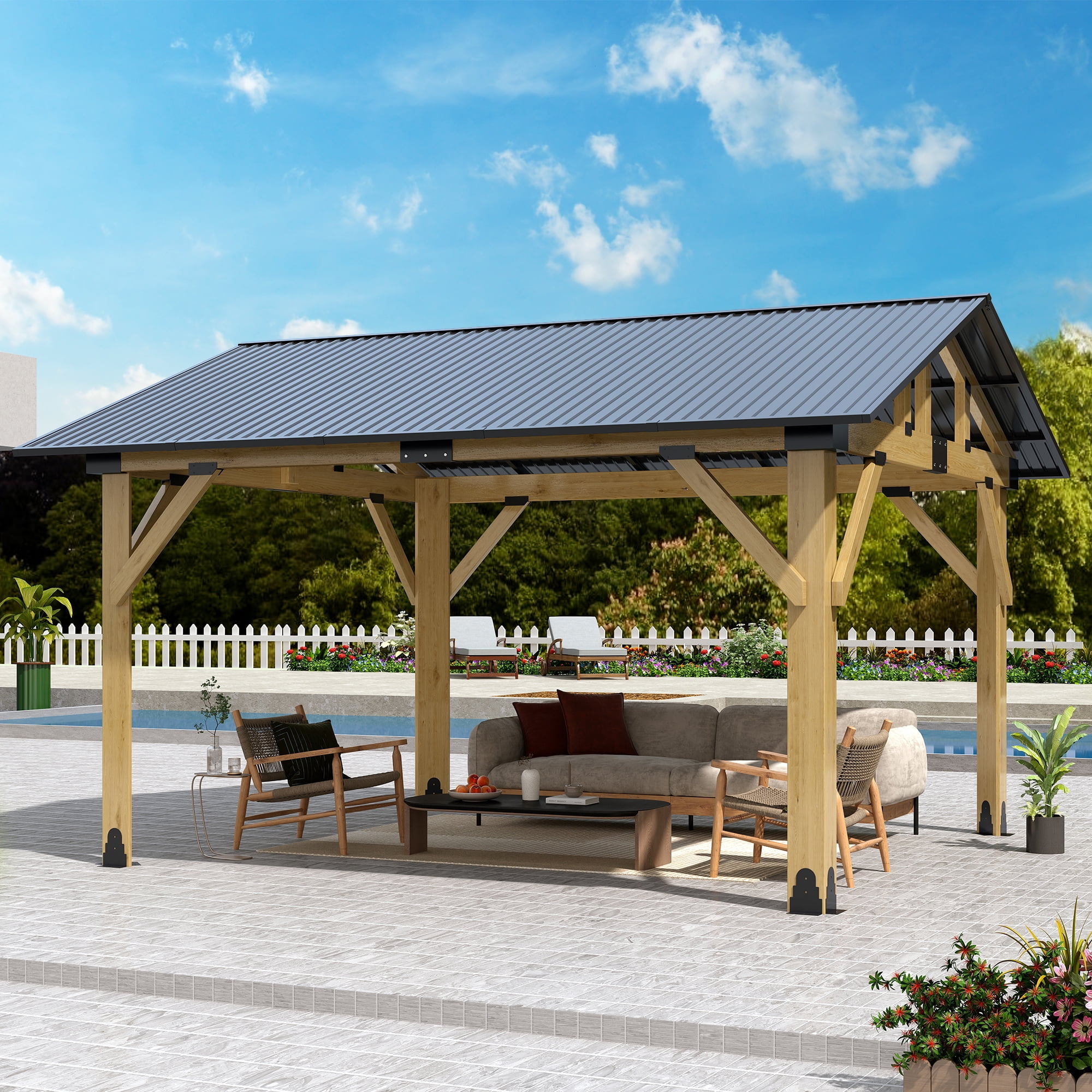 11'x 13' Wood Gazebo, Outdoor Hardtop Gazebo with Galvanized Steel Roof ...