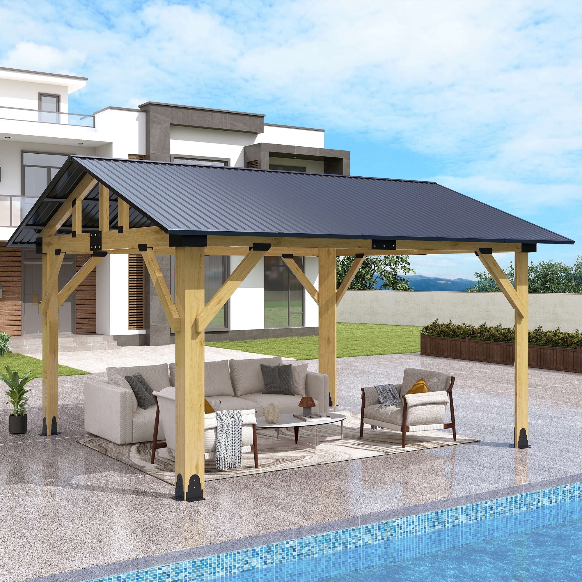 GARTOO 11' x 13' Wood Gazebo, Outdoor Hardtop Gazebo with Galvanized ...