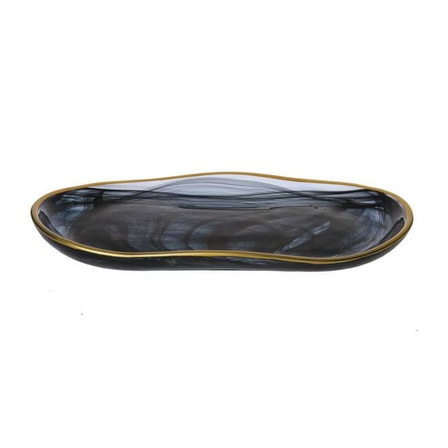 11 x 5.5 in. Black Alabaster Oval Tray with Gold Scalloped - Walmart.com