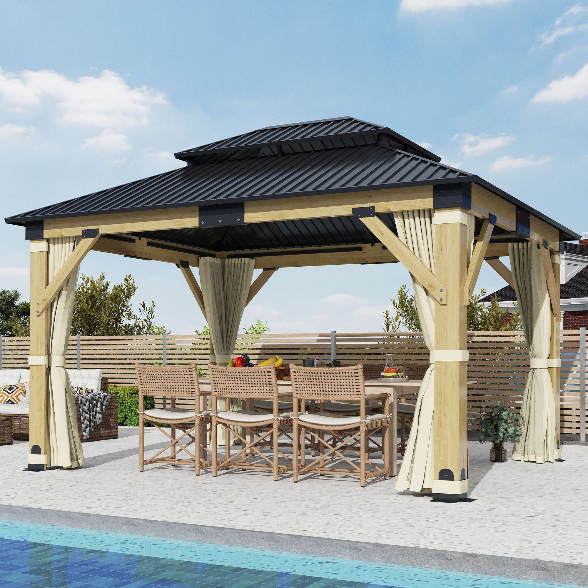 GARTOO 11'x13' Outdoor Wood Frame Gazebo with Galvanized Steel Doule ...