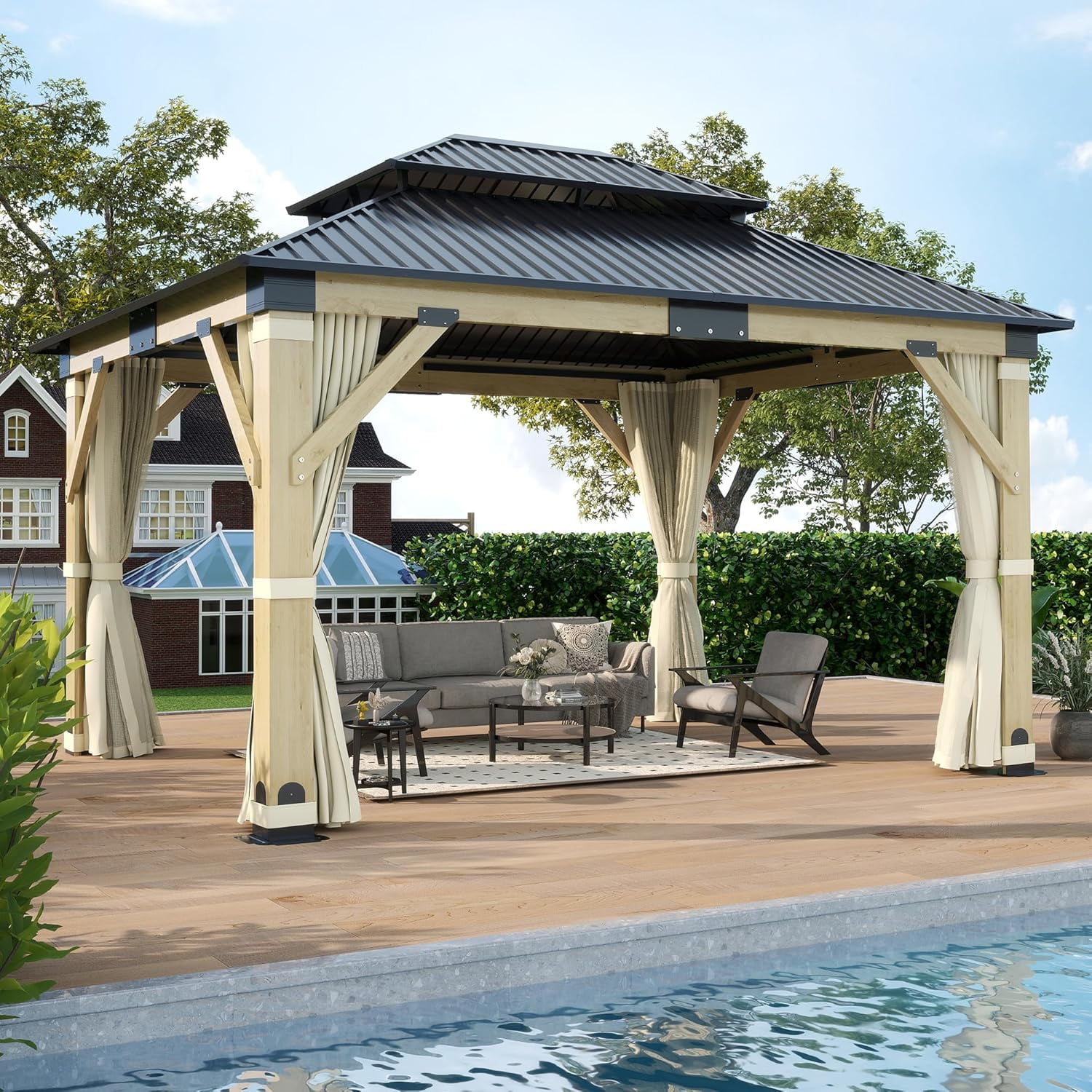 11'x13' Wood Gazebo, Hardtop Cedar Gazebos with Double Roof Galvanized ...