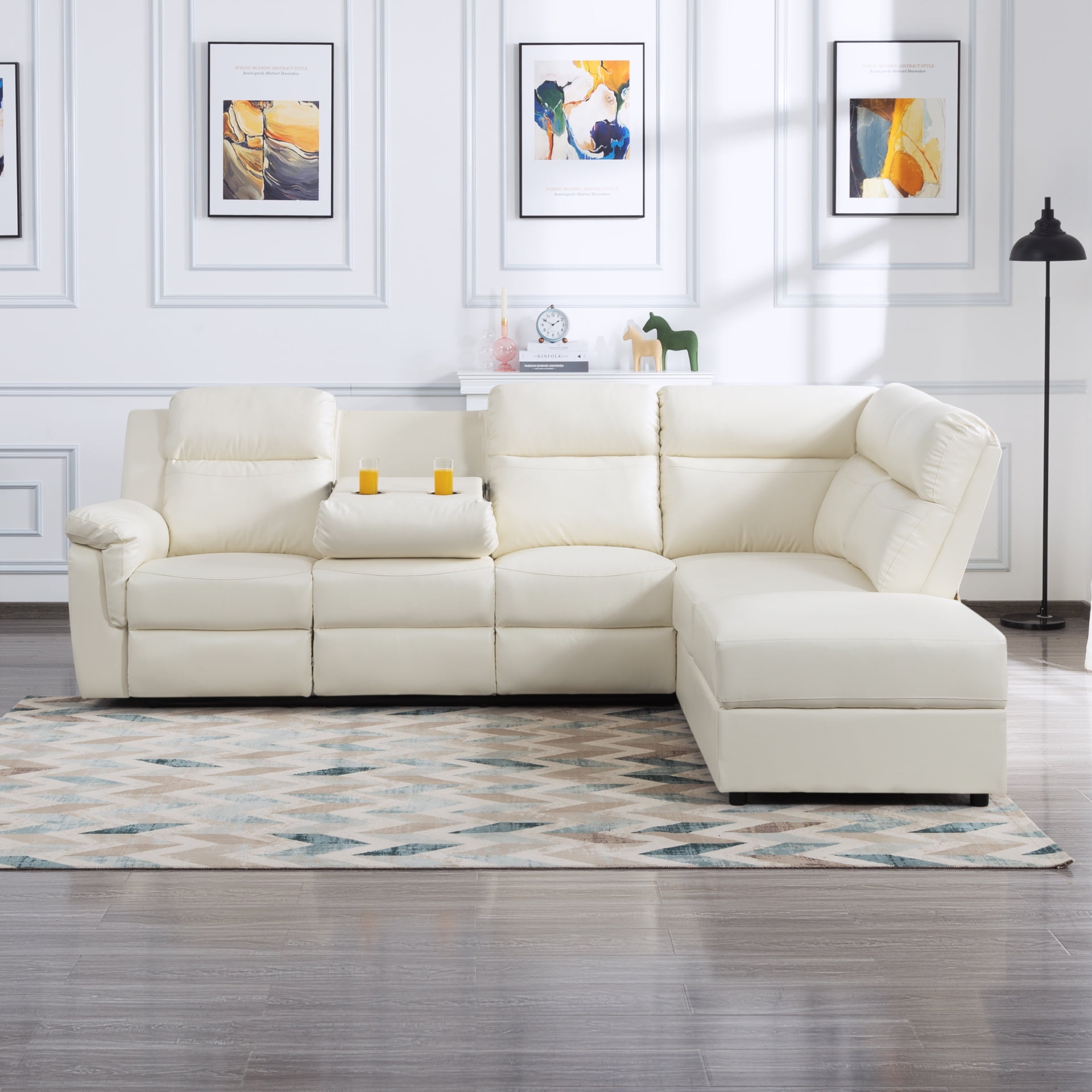 110.2'' Faux Leather Sectional Sofa, Manual Reclining Sofa with 2 Cup ...