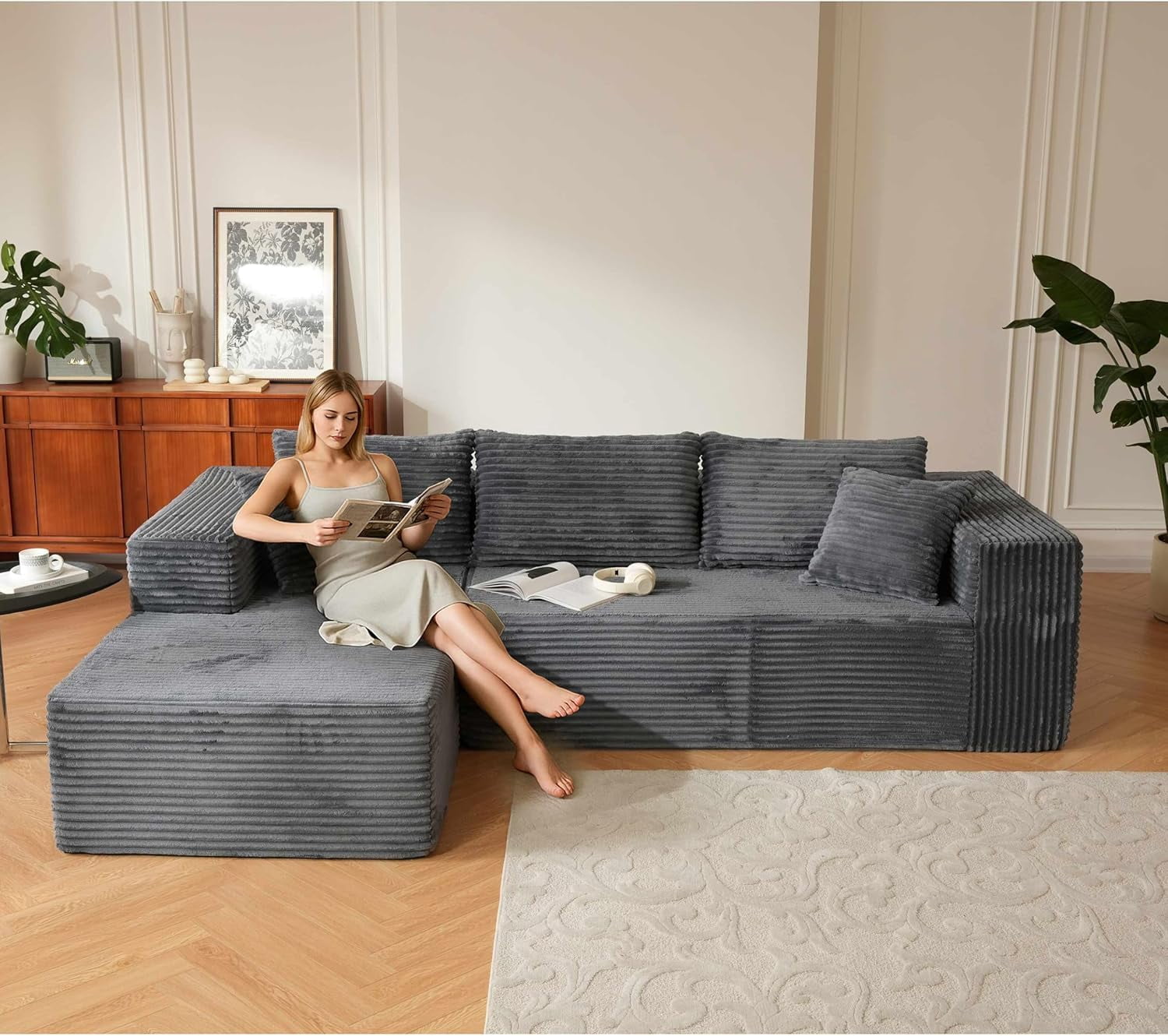 110” No Assembly Compression Boneless in a Box Cloud Sectional Couches ...