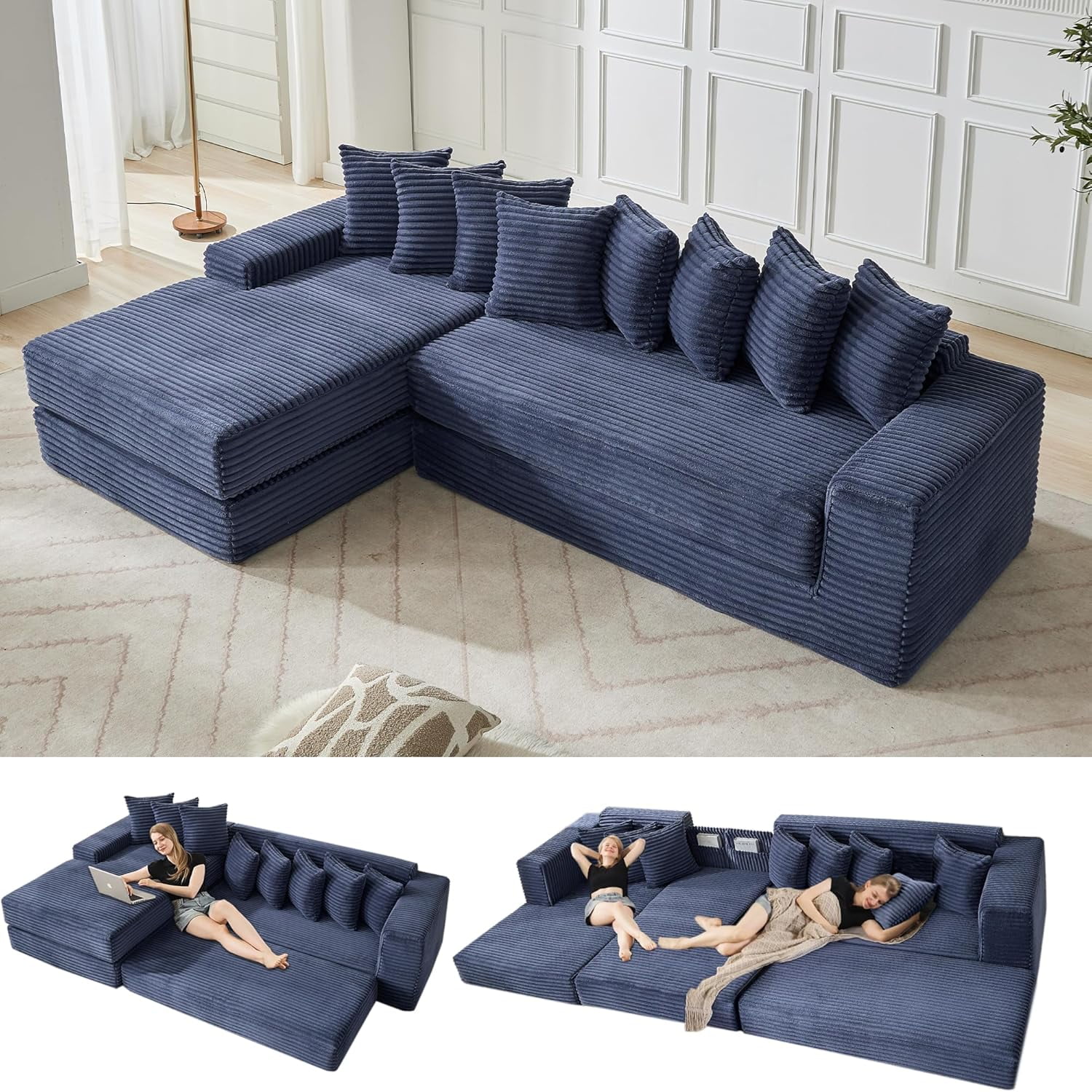 110'' Boneless Couch, Modern Corduroy Couch, Convertible Sleeper Sofa ...