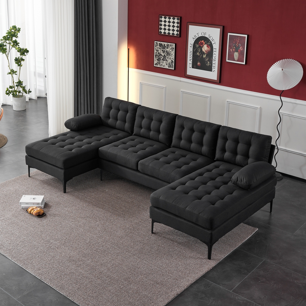 U-Shaped Sectional Sofa, 108.5" Modern Large Linen+Leathaire Fabric ...