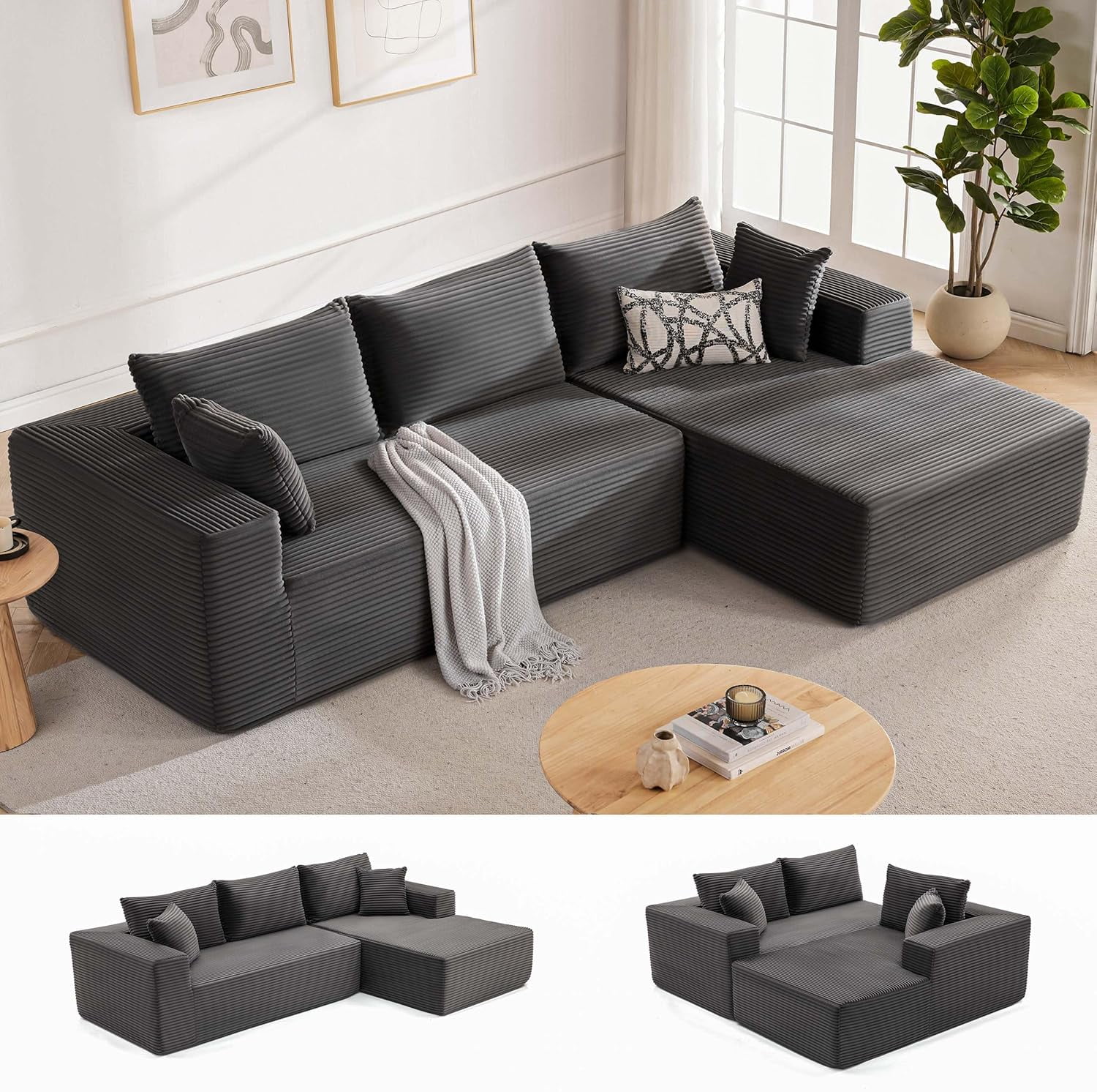 110” Cloud Sectional Couch, Boneless Sofa for Living Room, Modular ...