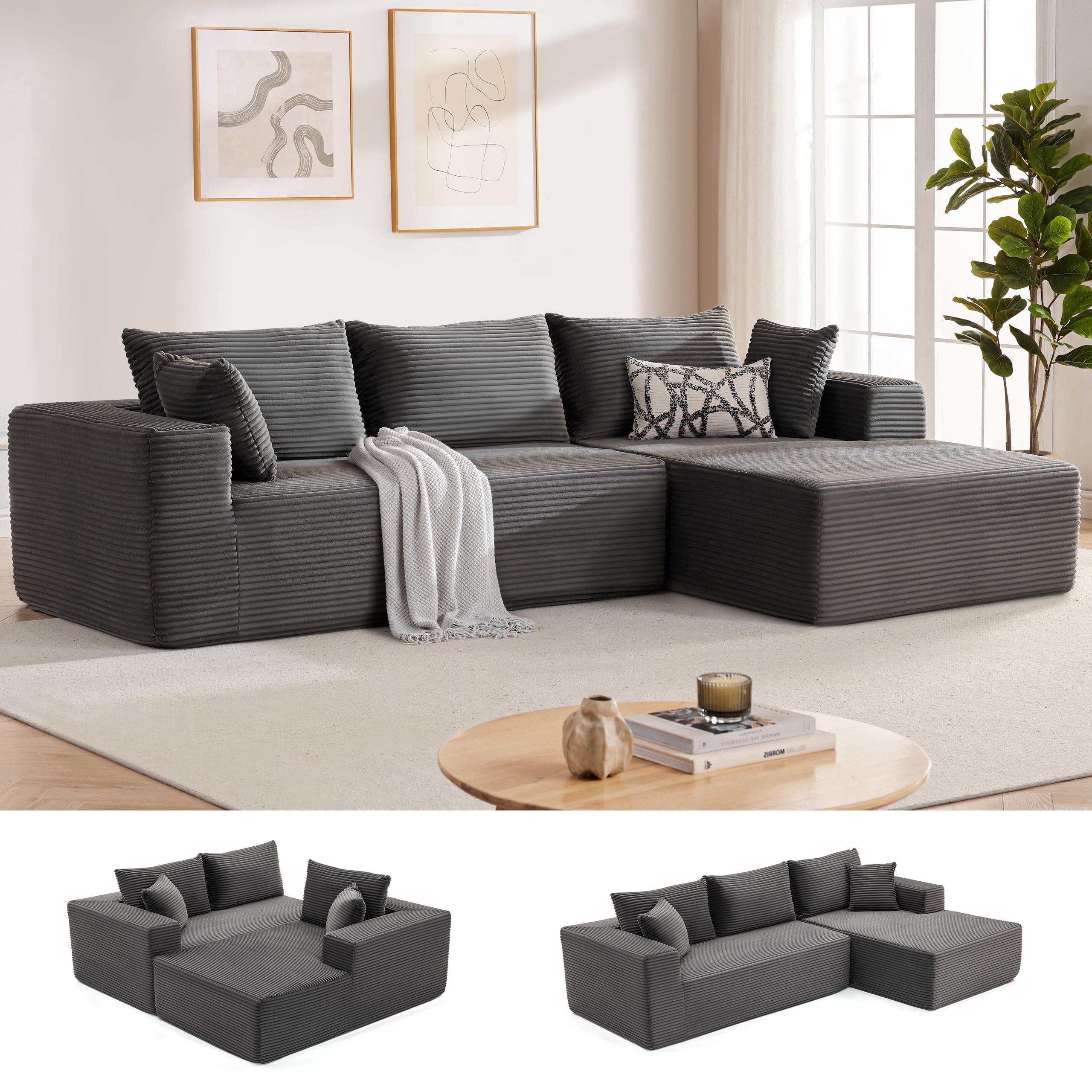 110” Cloud Sectional Couch, Boneless Sofa for Living Room, Modular ...