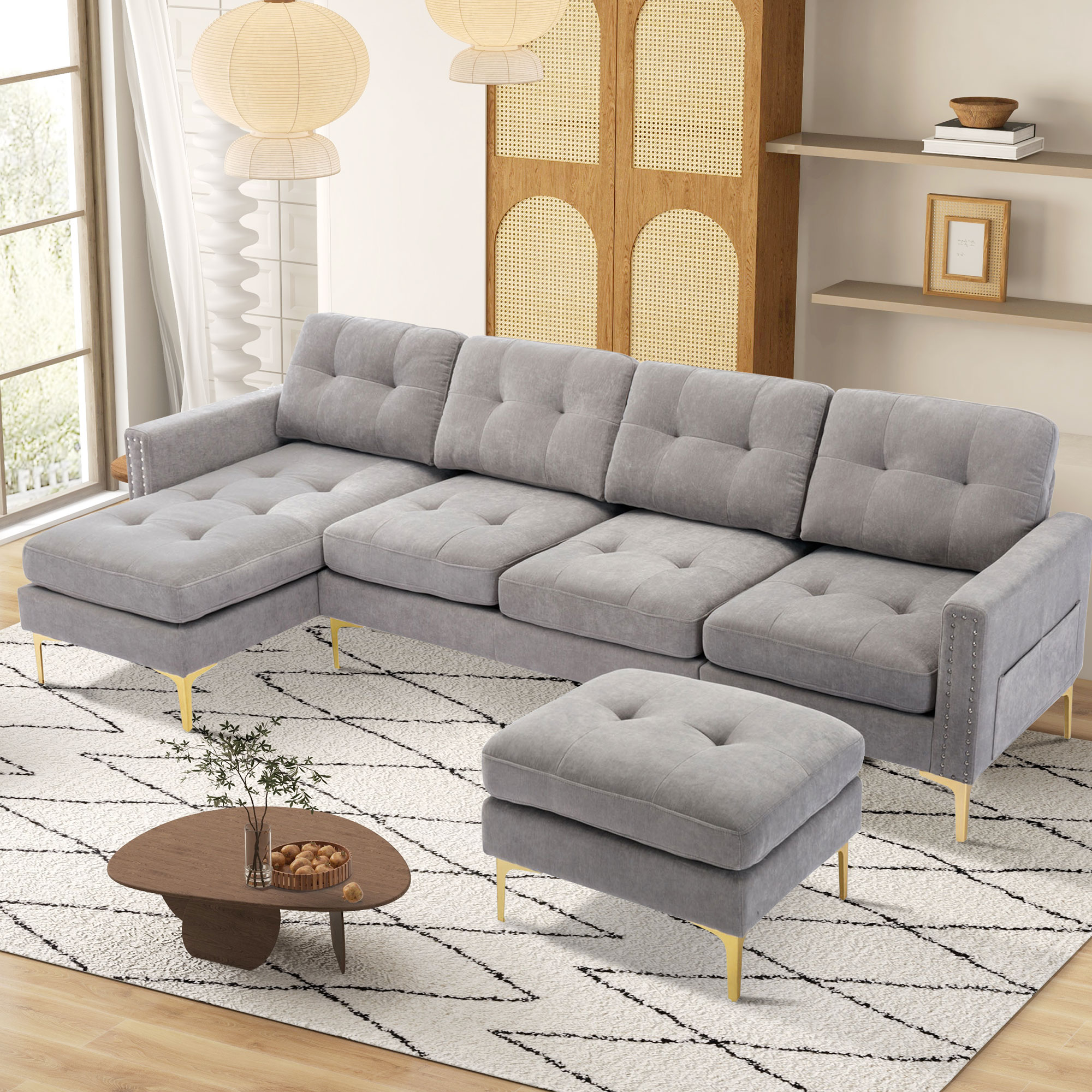 113.3" Convertible Sectional Sofa with Movable Ottoman, Oversized ...