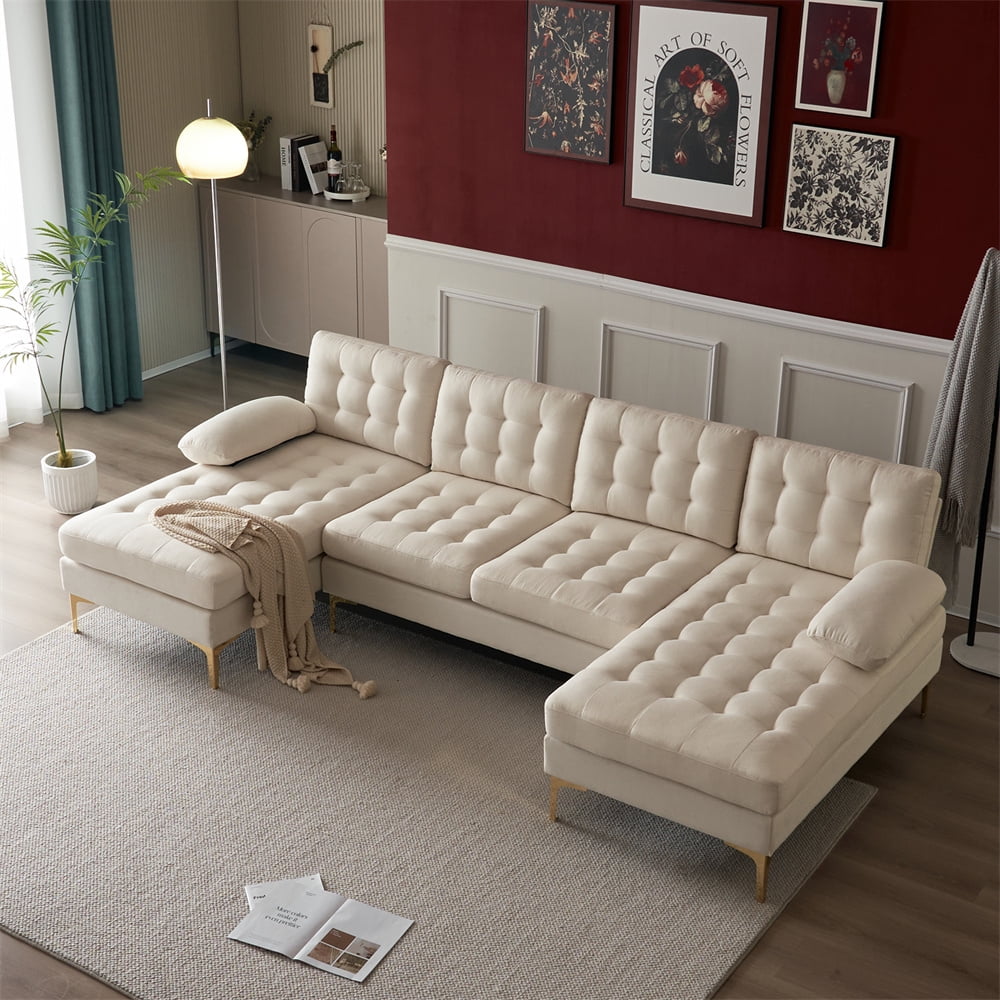 "110"" Modern Convertible Beige Linen Fabric Sectional Sofa Couch, U ...