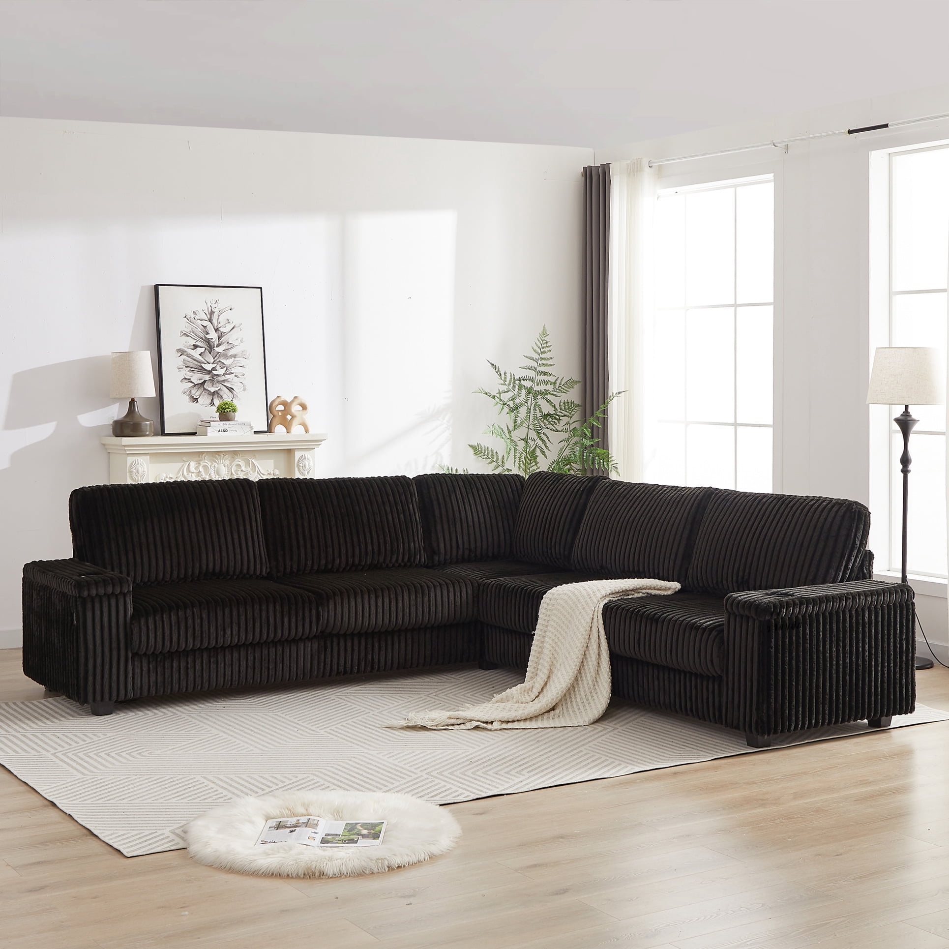 110" Oversized Corduroy Corner Sofa, L-Shaped Upholstered Couch with ...