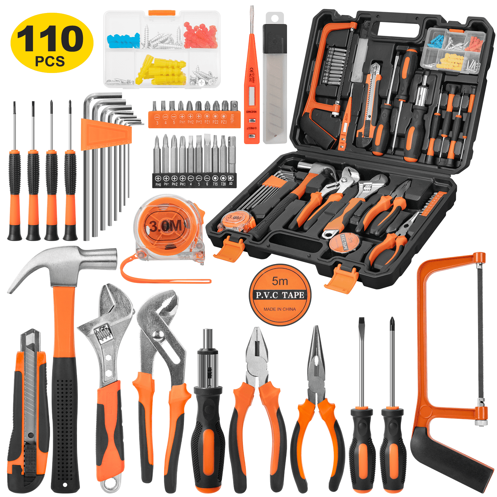 Cshidworld 110 PCS Household Tool Kit, Hammer, Pliers, Screwdrivers ...