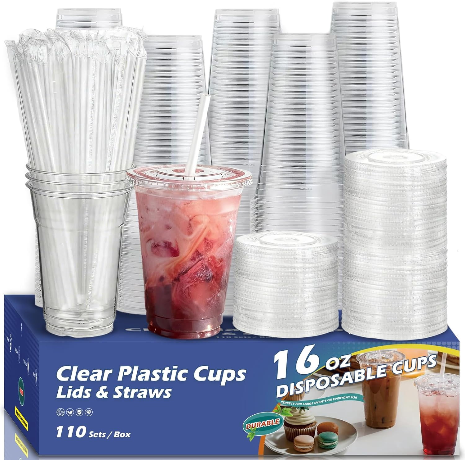 110 Pack Clear Plastic Cups with Lids and Straws, 16 oz Disposable Iced ...
